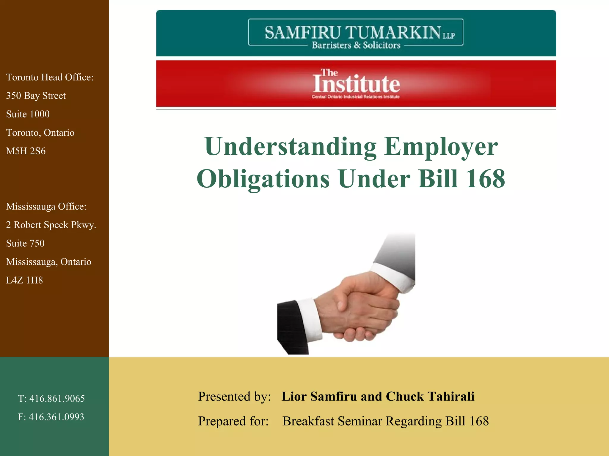 Understanding Employer Obligations Under Bill 168 | PPT