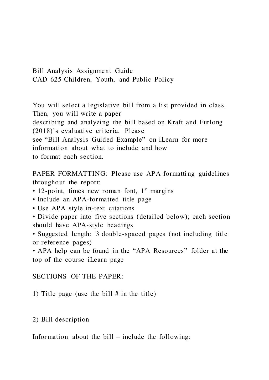 Bill Analysis Assignment Guide CAD 625 Children, Youth, and | DOCX