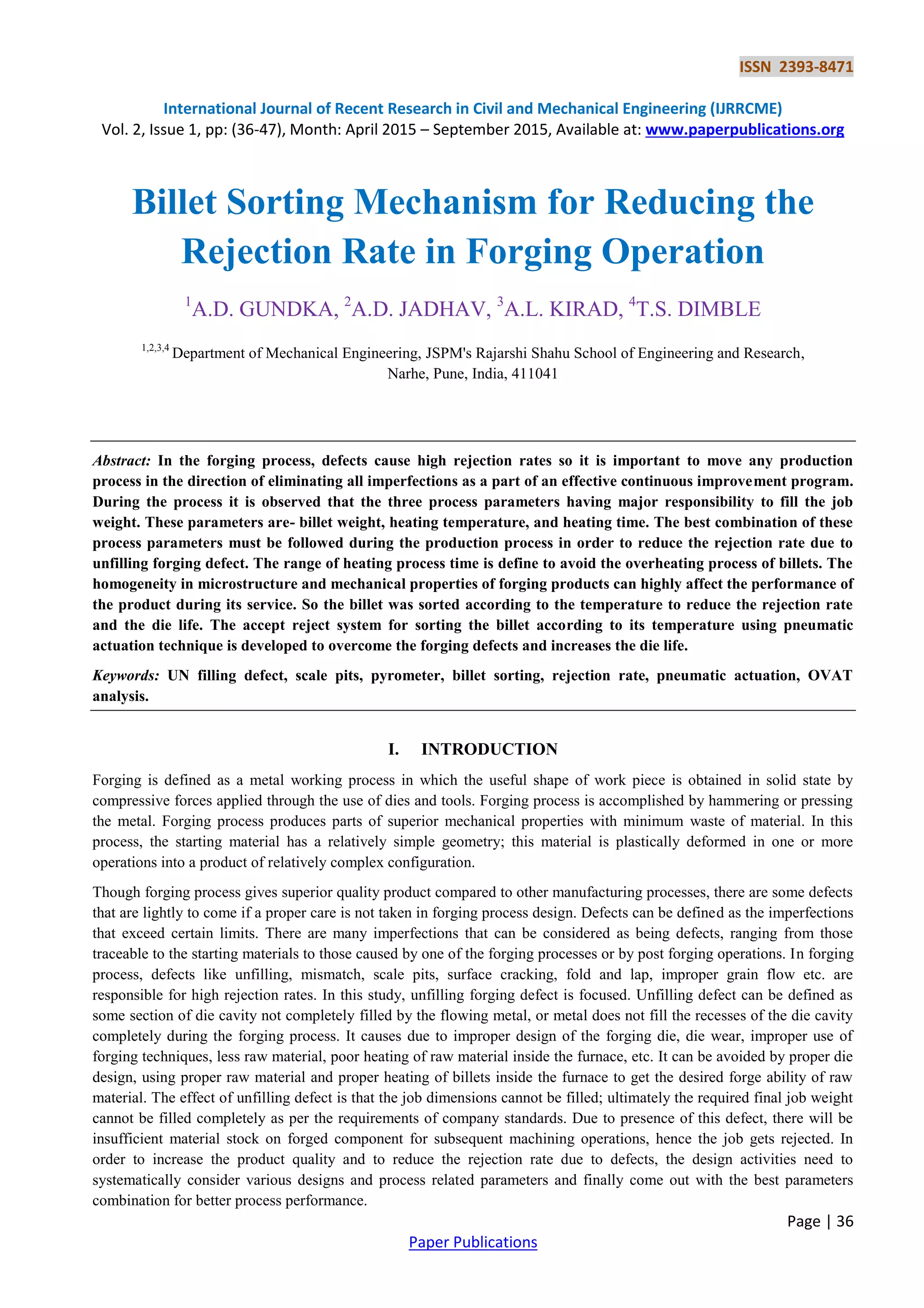 Billet Sorting Mechanism for Reducing the Rejection Rate in Forging ...