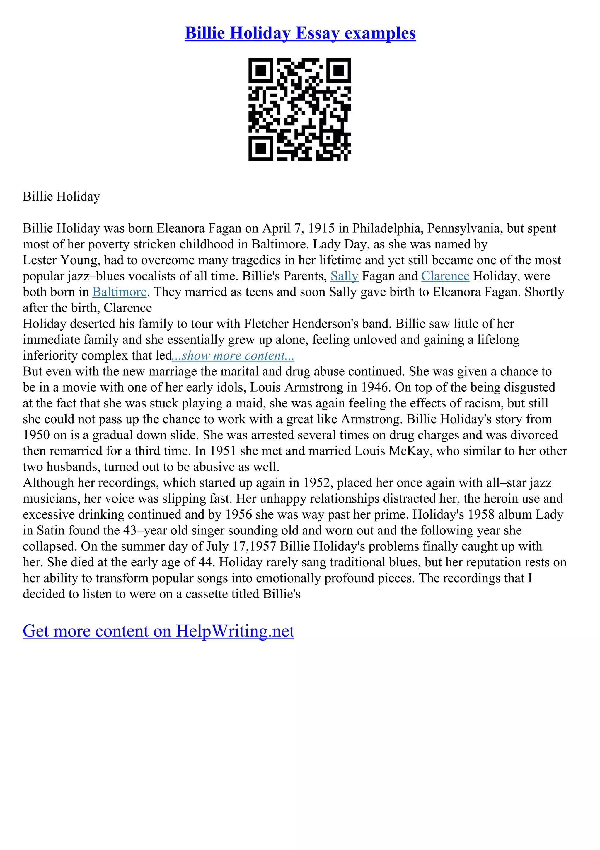 Billie Holiday Essay Examples | PDF