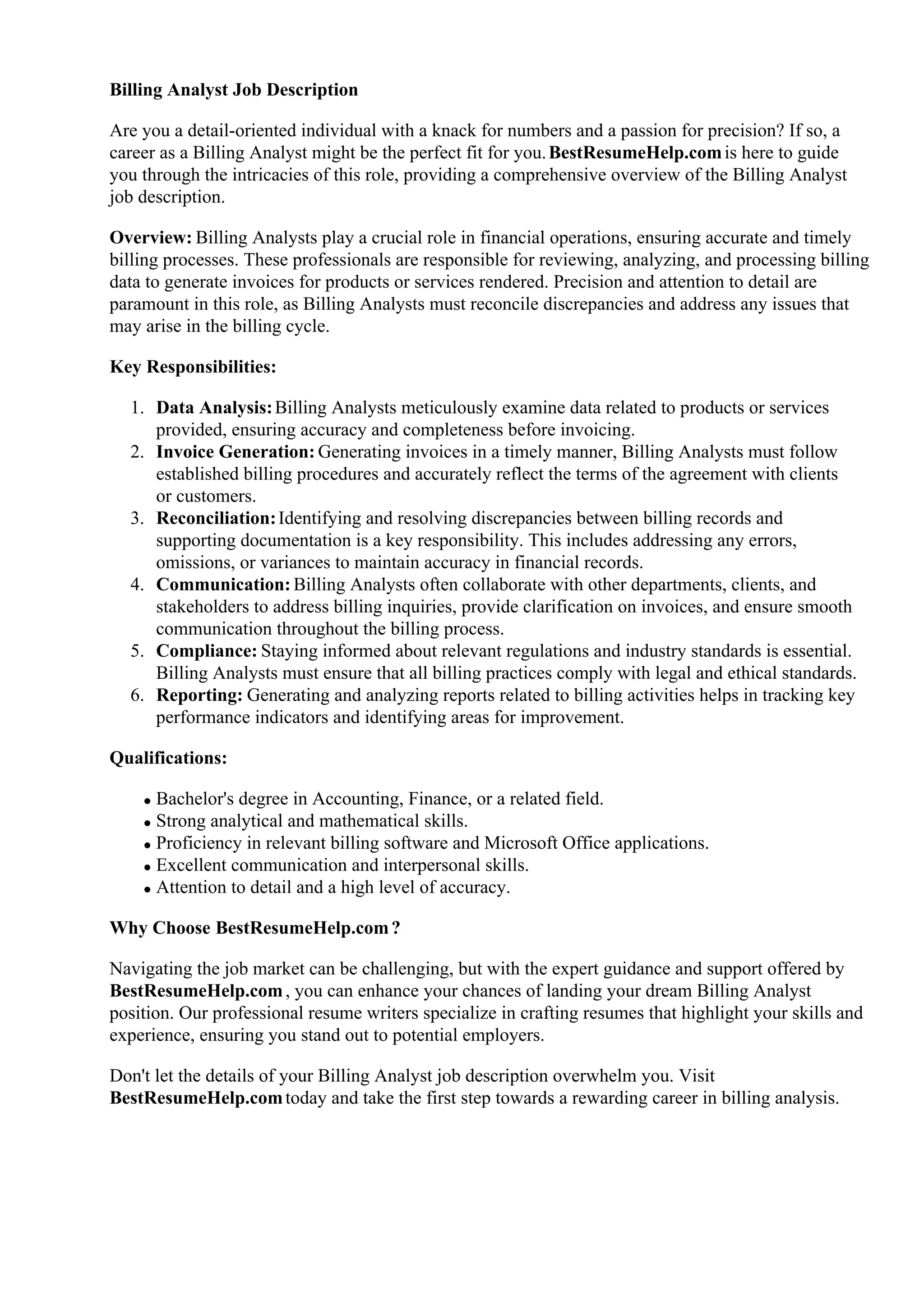 Billing Analyst Job Description Resume. Billing An | PDF