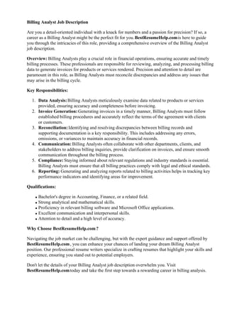Billing Analyst Job Description Resume. Billing An | PDF | Resume ...