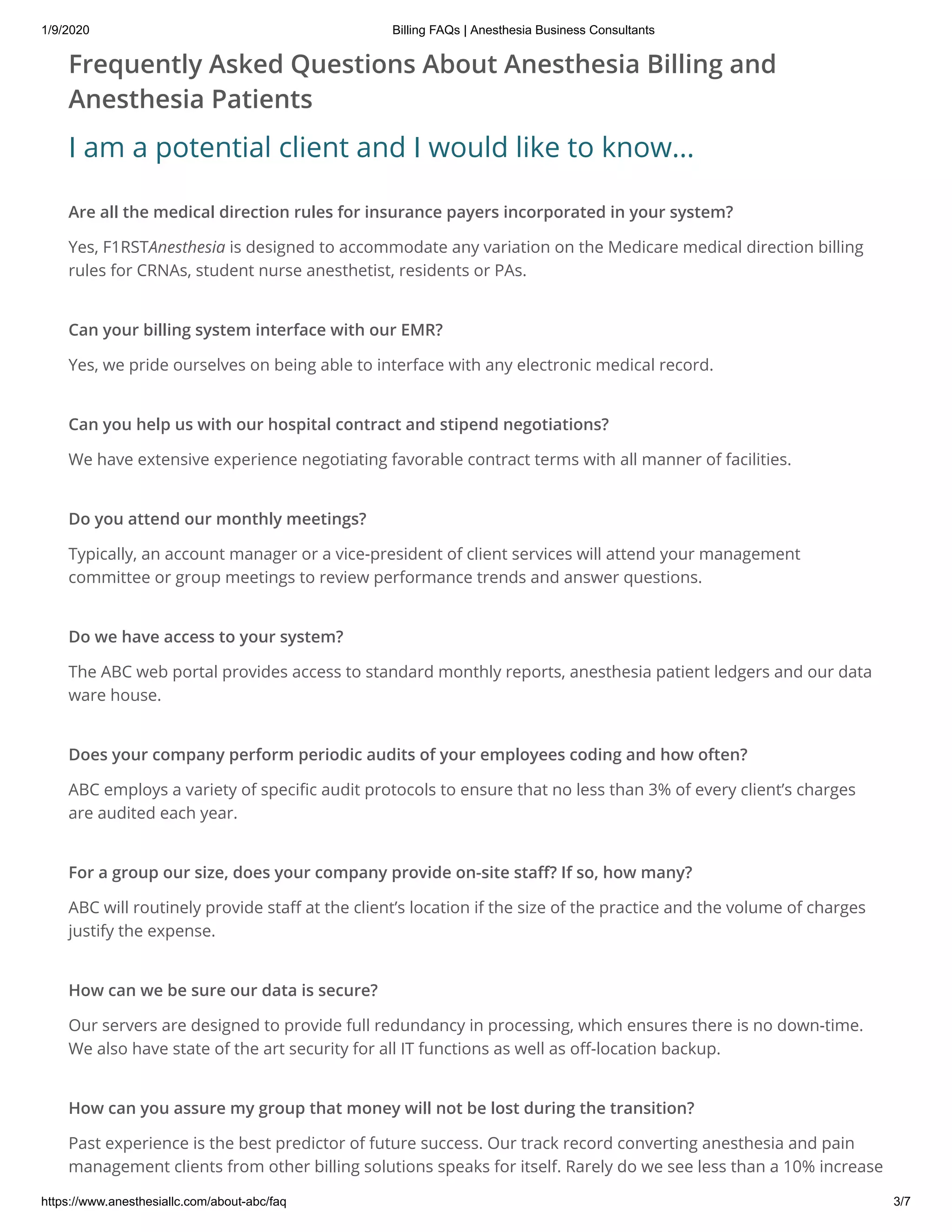 Anesthesia Business Consultants FAQ: Anesthesia Billing | PDF