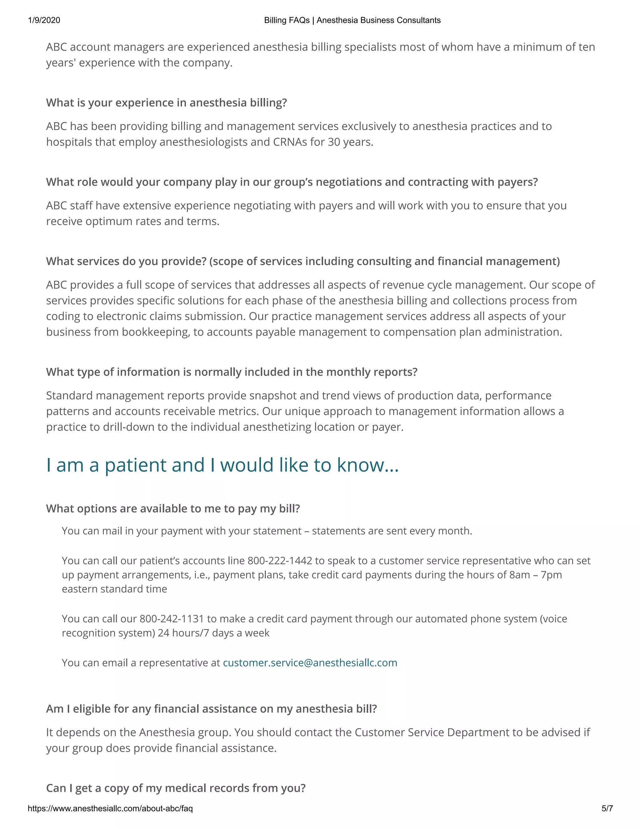 Anesthesia Business Consultants FAQ: Anesthesia Billing | PDF