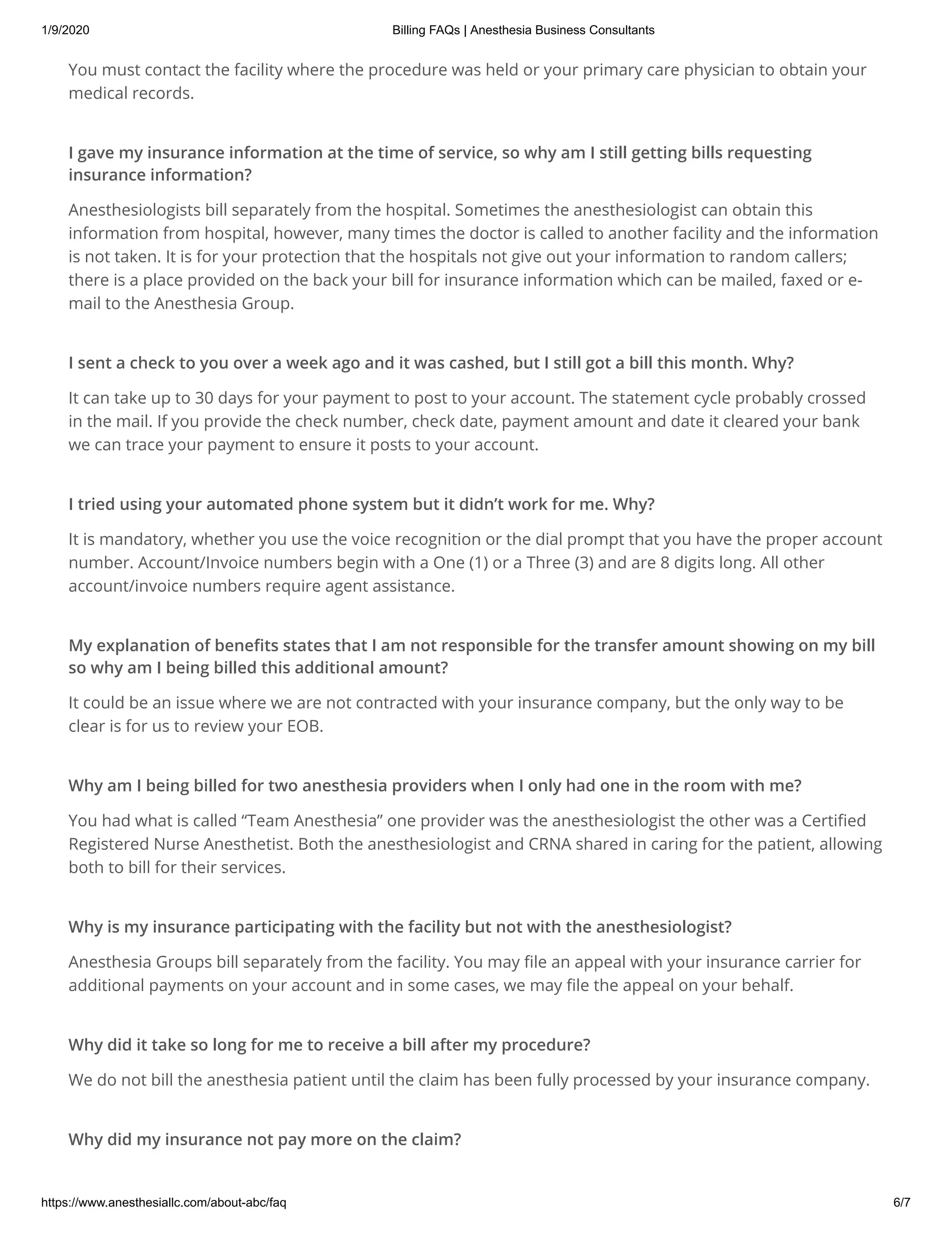 Anesthesia Business Consultants FAQ: Anesthesia Billing | PDF