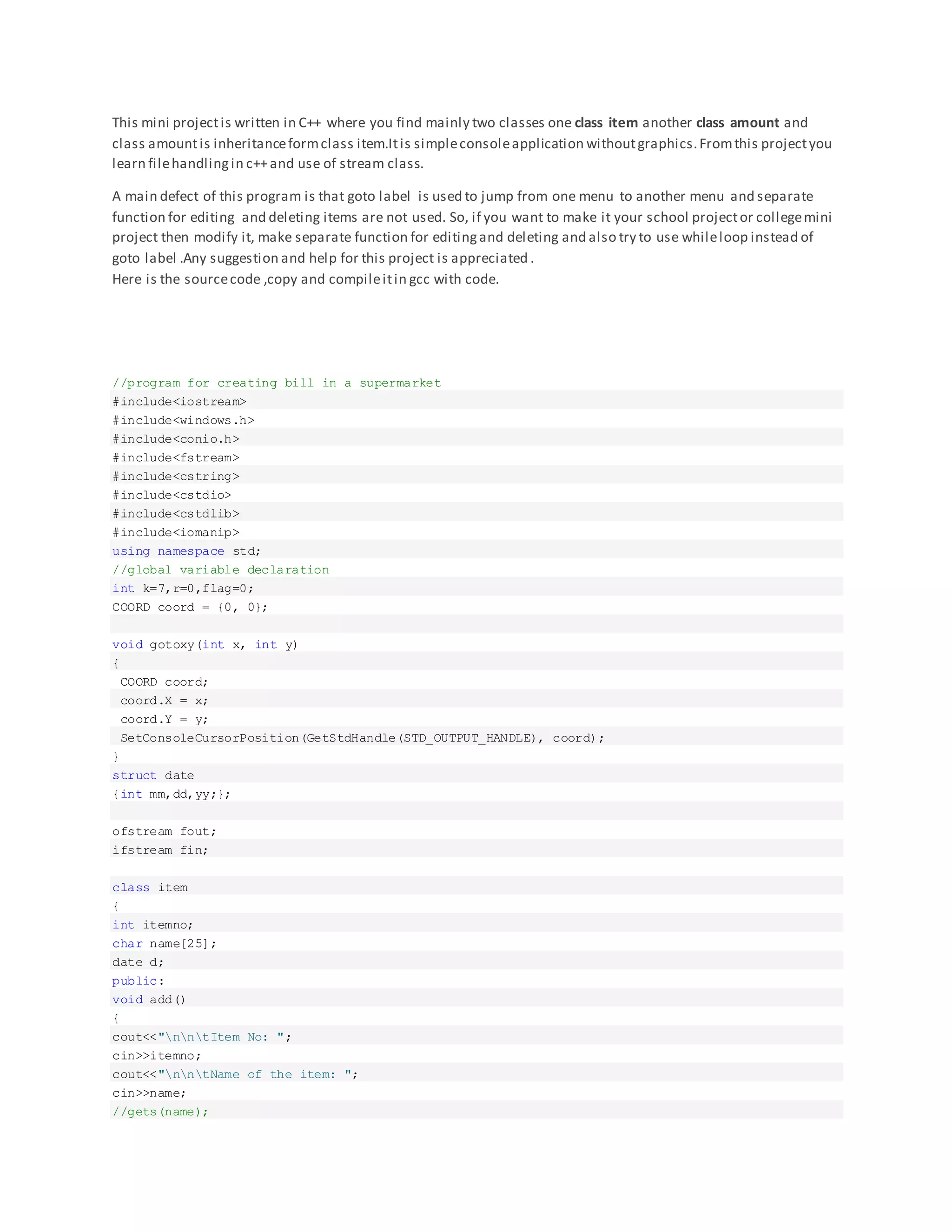Billing in a supermarket c++ | DOCX