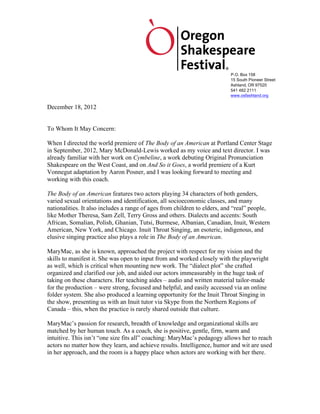 BILL RAUCH, OREGON SHAKESPEARE THEATRE, RECOMMENDATION | PDF