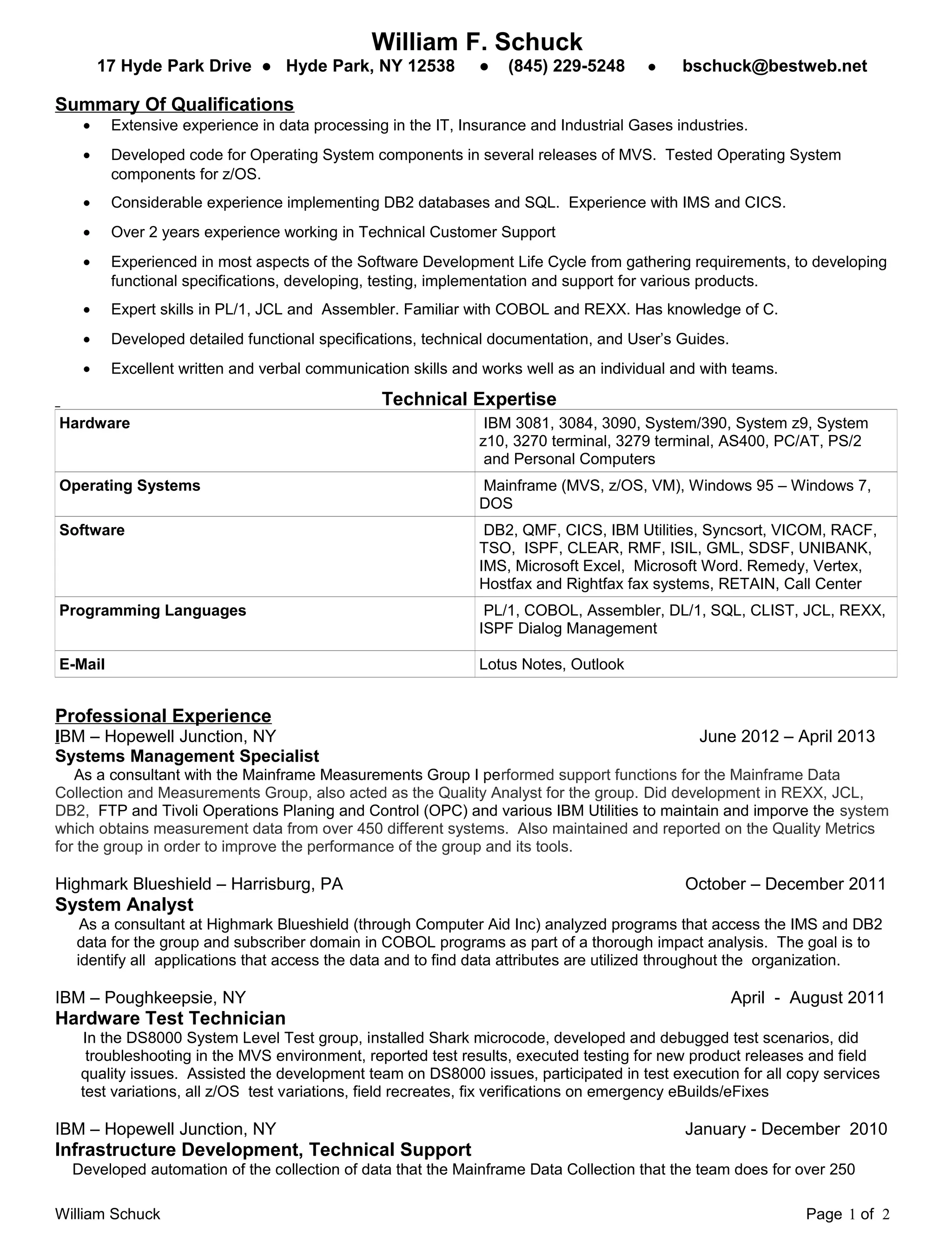 Bill schuck mainframe programmer - 2013 resume | DOC