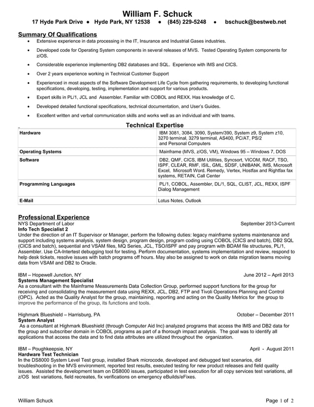 Bill schuck mainframe programmer - 2014 resume | PDF