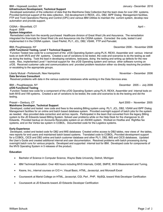 Bill schuck mainframe programmer - 2014 resume | PDF