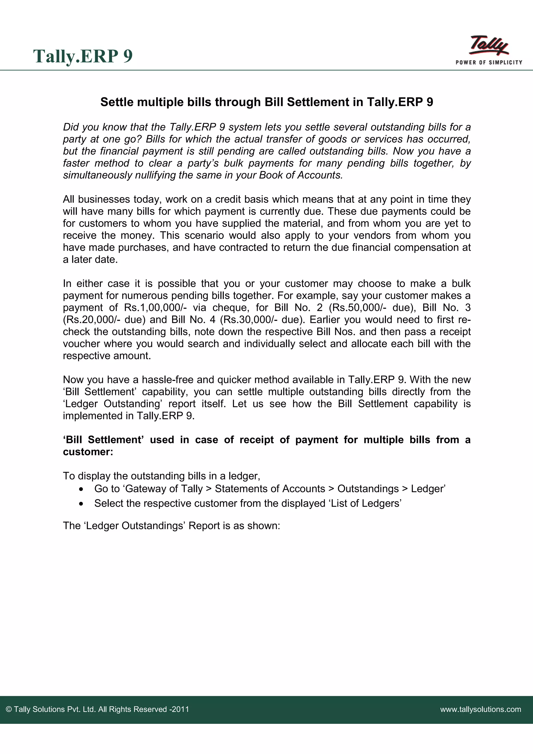 Bill settlement | SQL to Tally | Tally.NET Services | Tally TDL | PDF