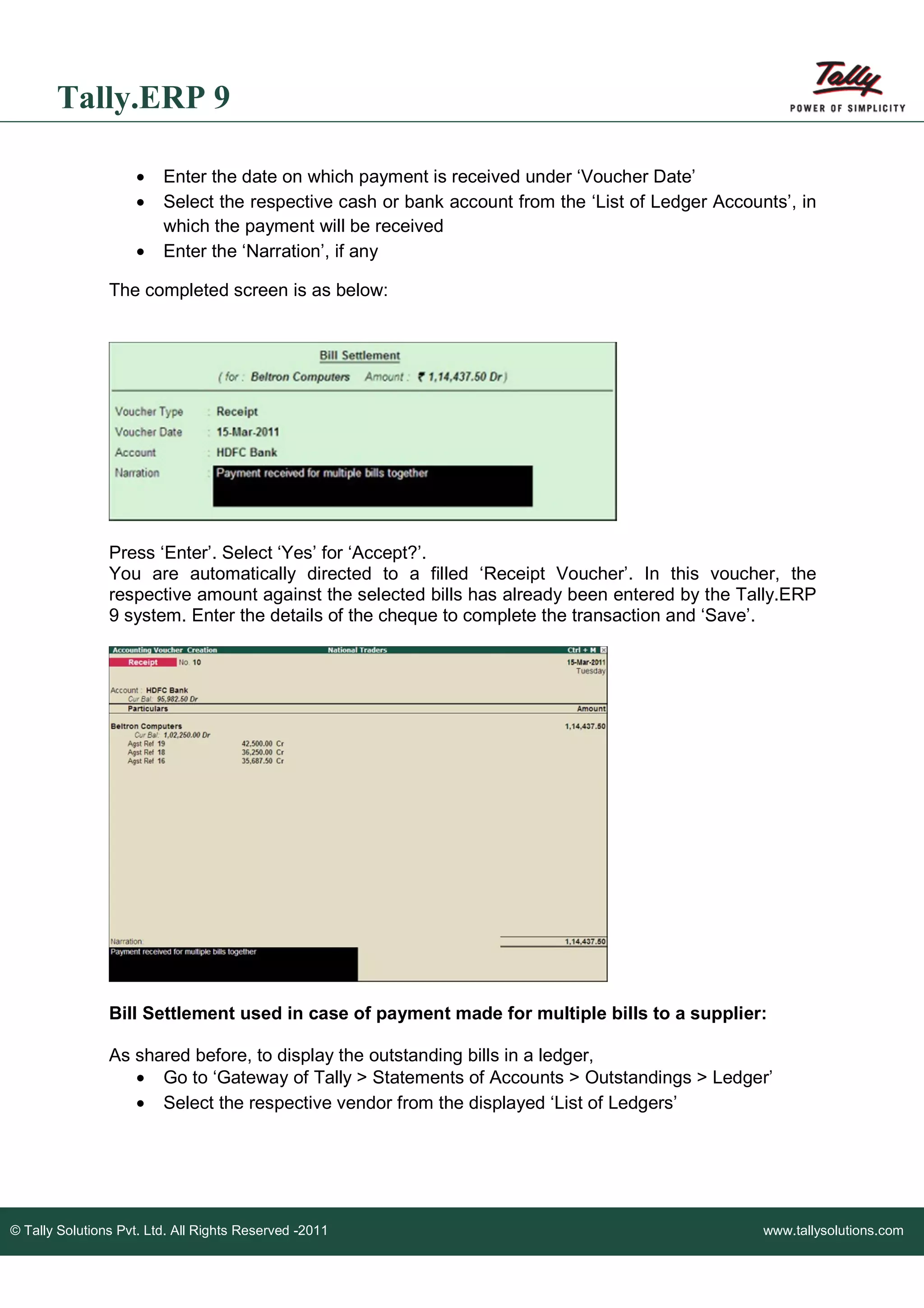 Bill settlement | SQL to Tally | Tally.NET Services | Tally TDL | PDF