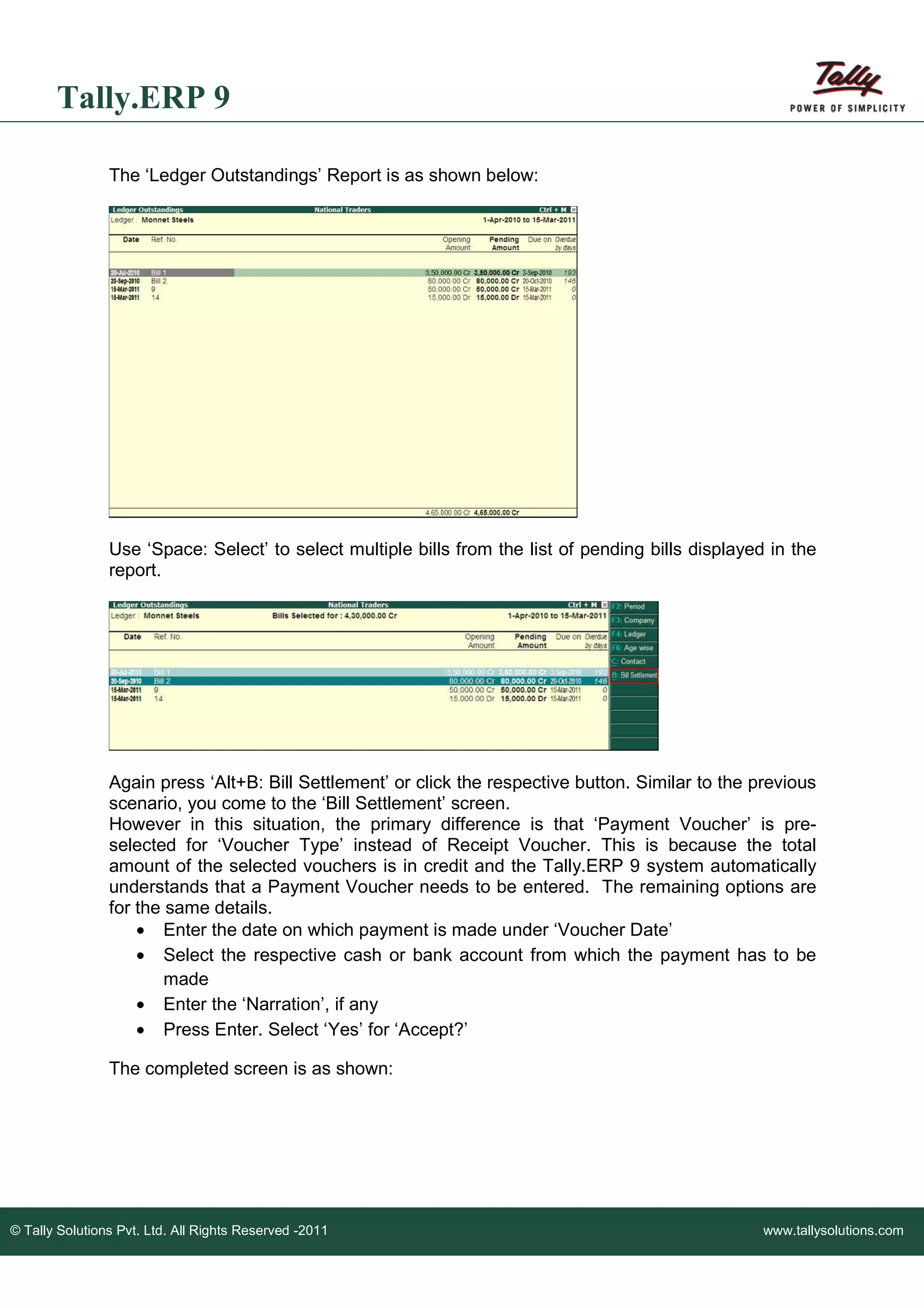 Bill settlement | SQL to Tally | Tally.NET Services | Tally TDL | PDF