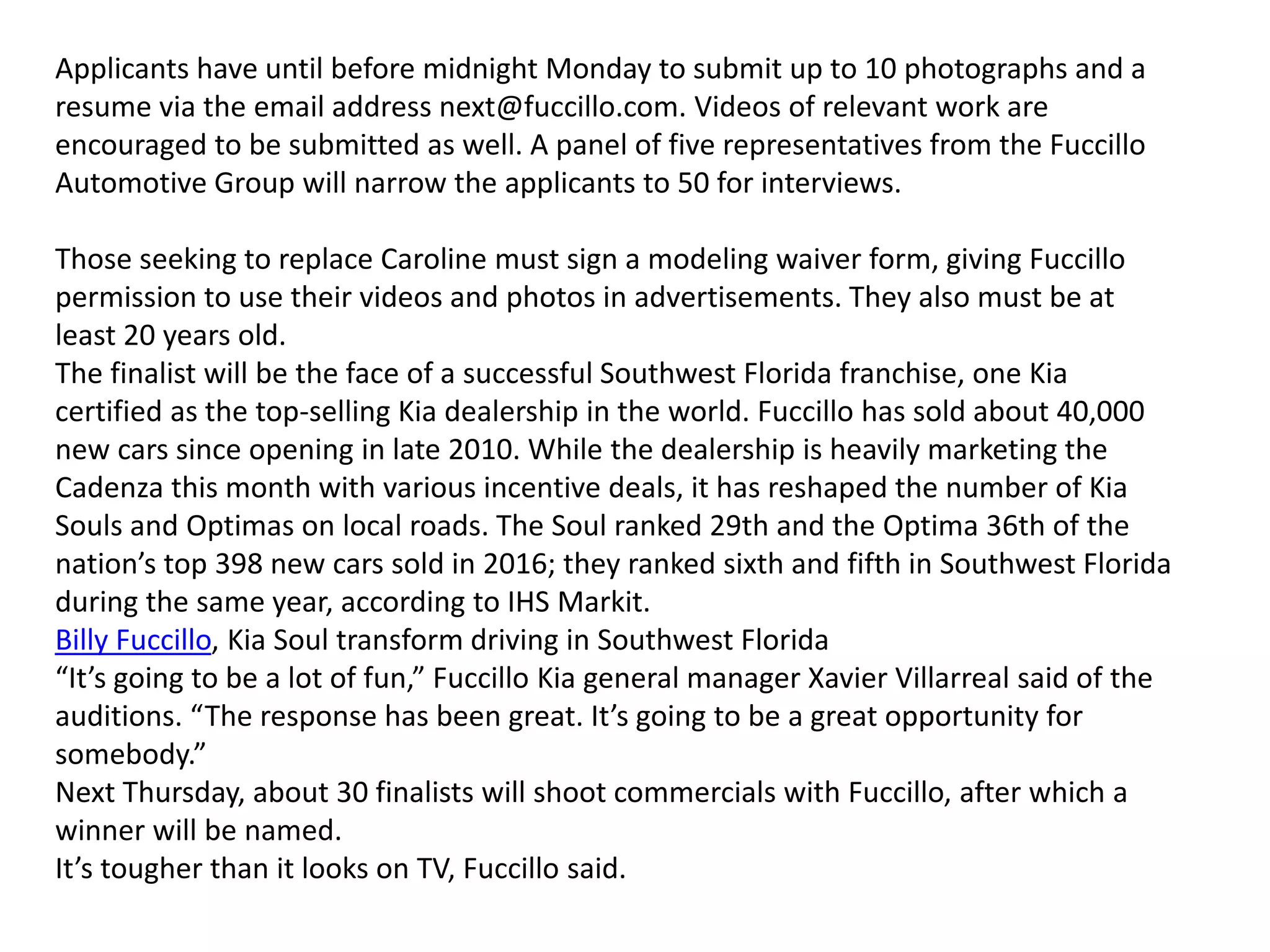 Billy fuccillo launches search for 'next caroline' kia commercial ...