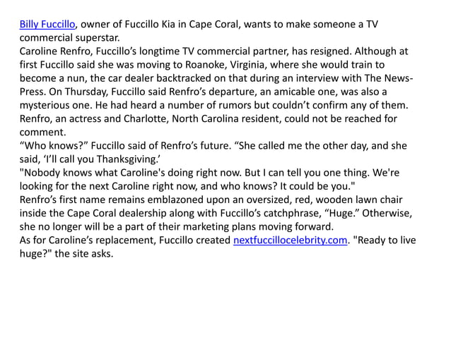 Billy fuccillo launches search for 'next caroline' kia commercial ...