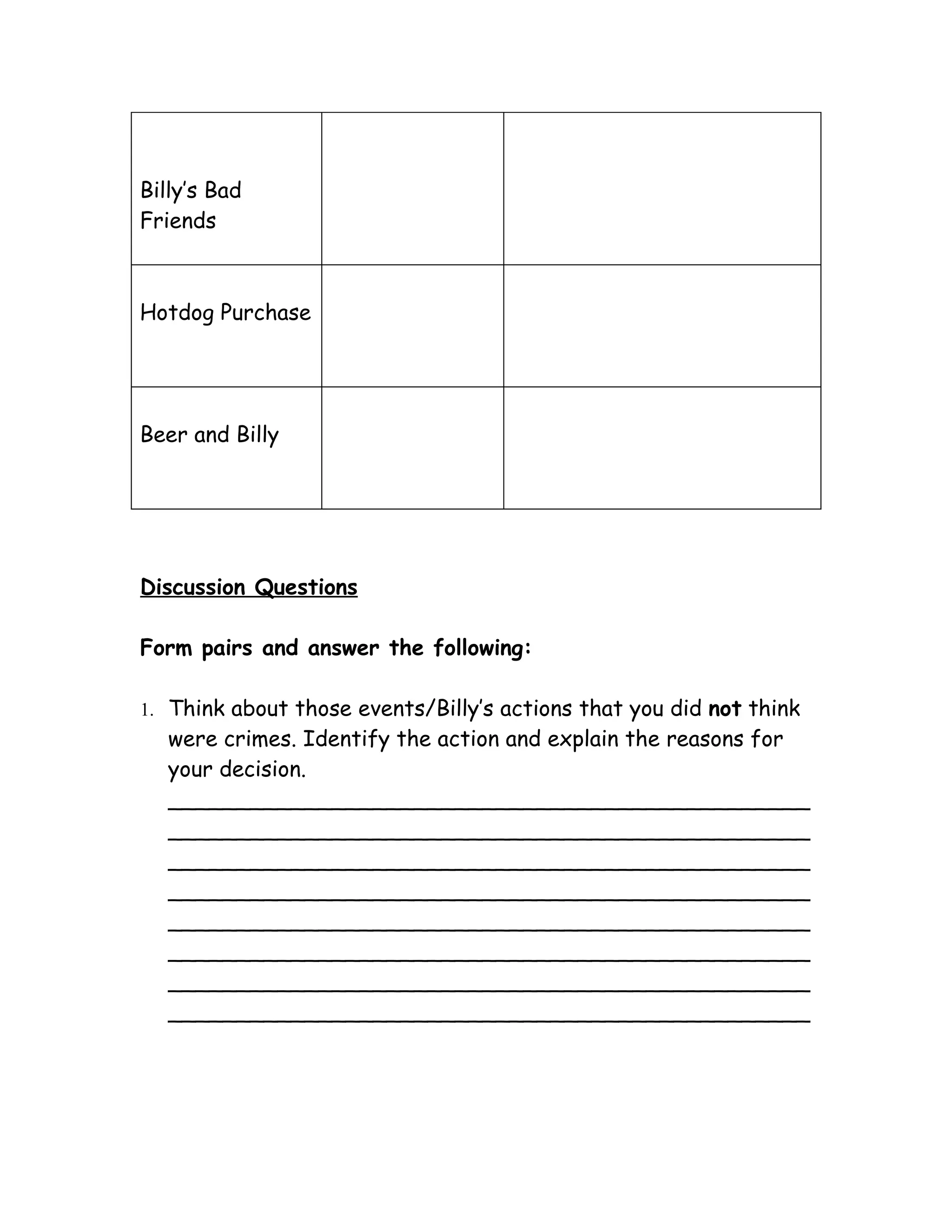 Billys Bad Day Worksheet | DOC