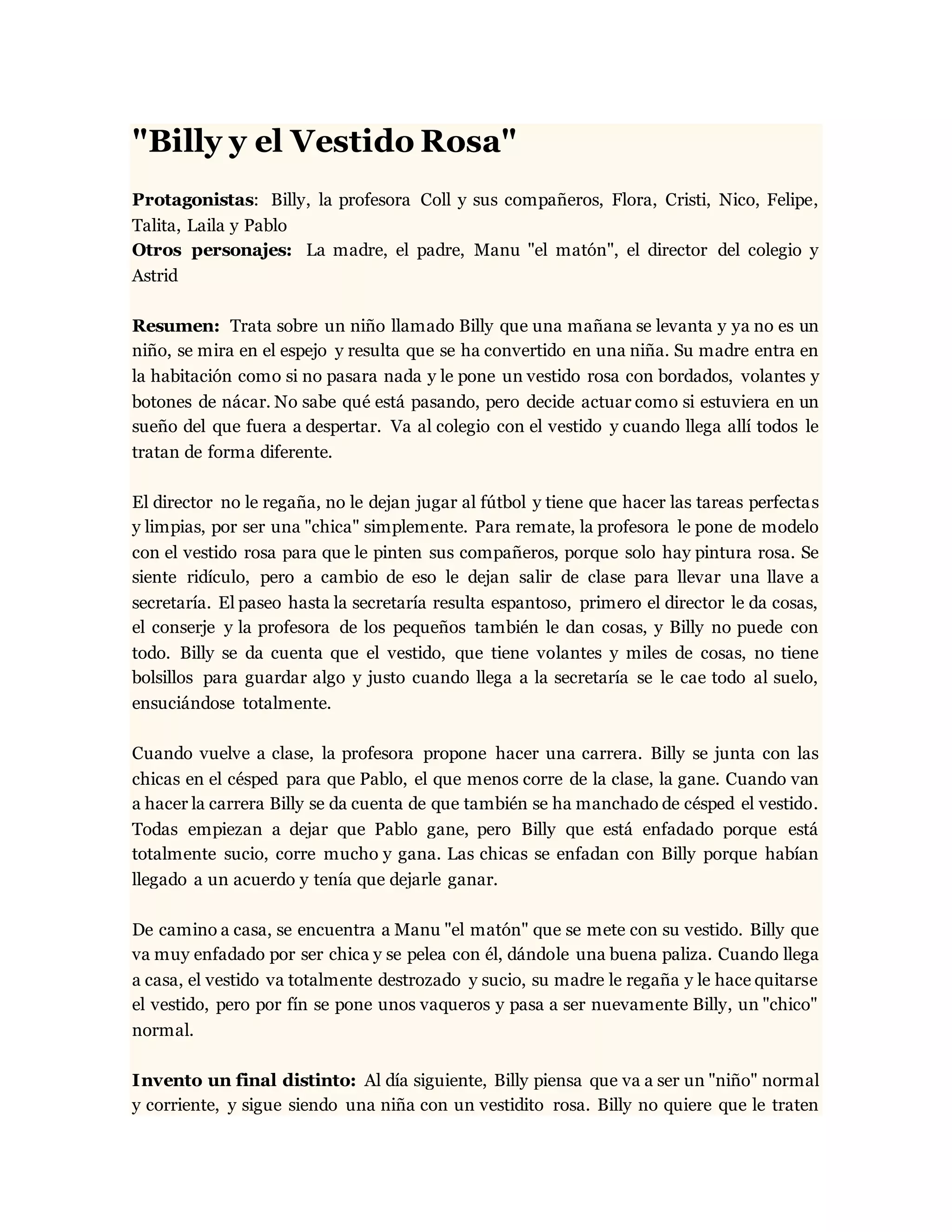 Billy y el vestido rosa | DOCX