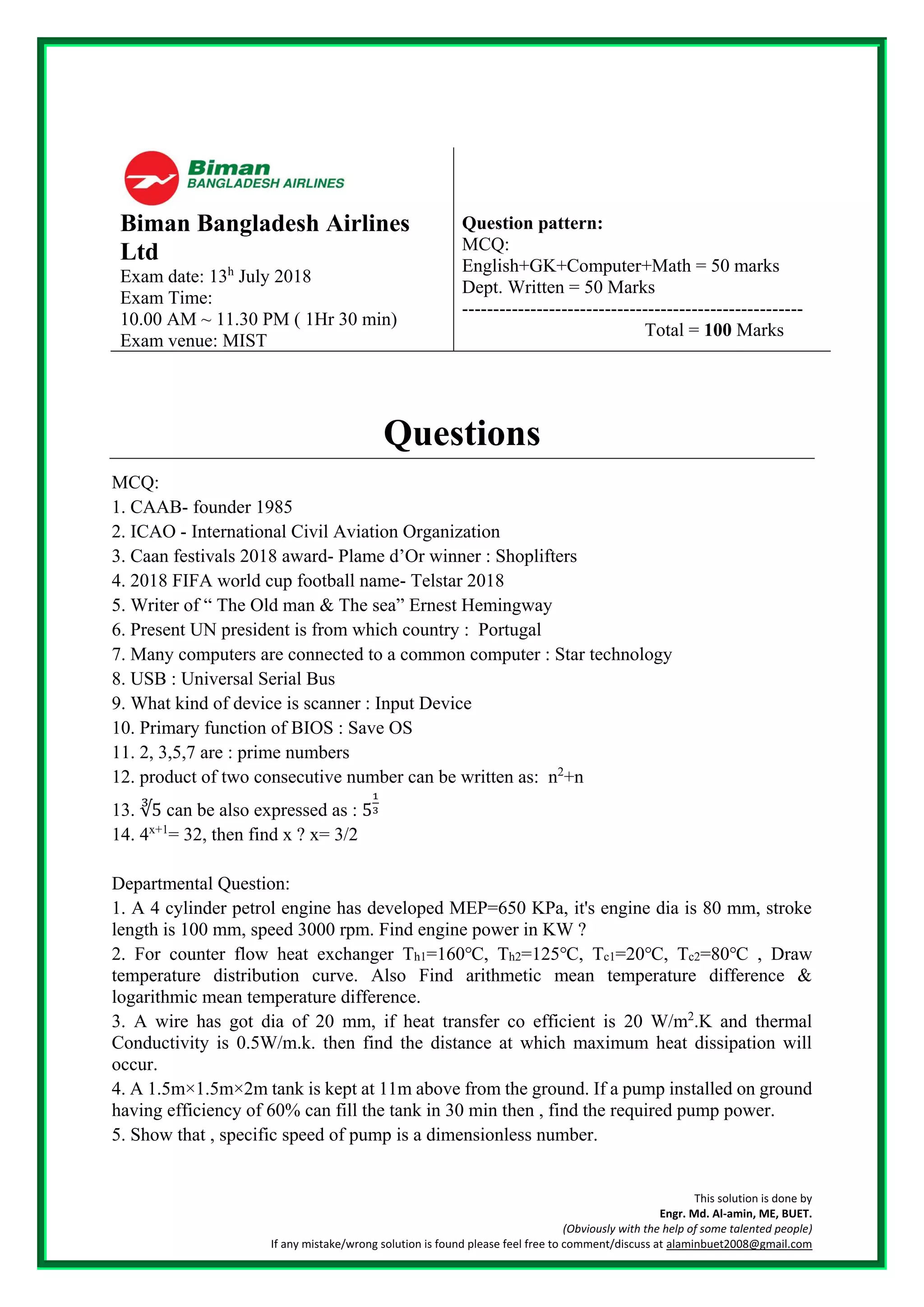 Biman bangladesh airlines ltd. question & solution(13th july 2018) | PDF