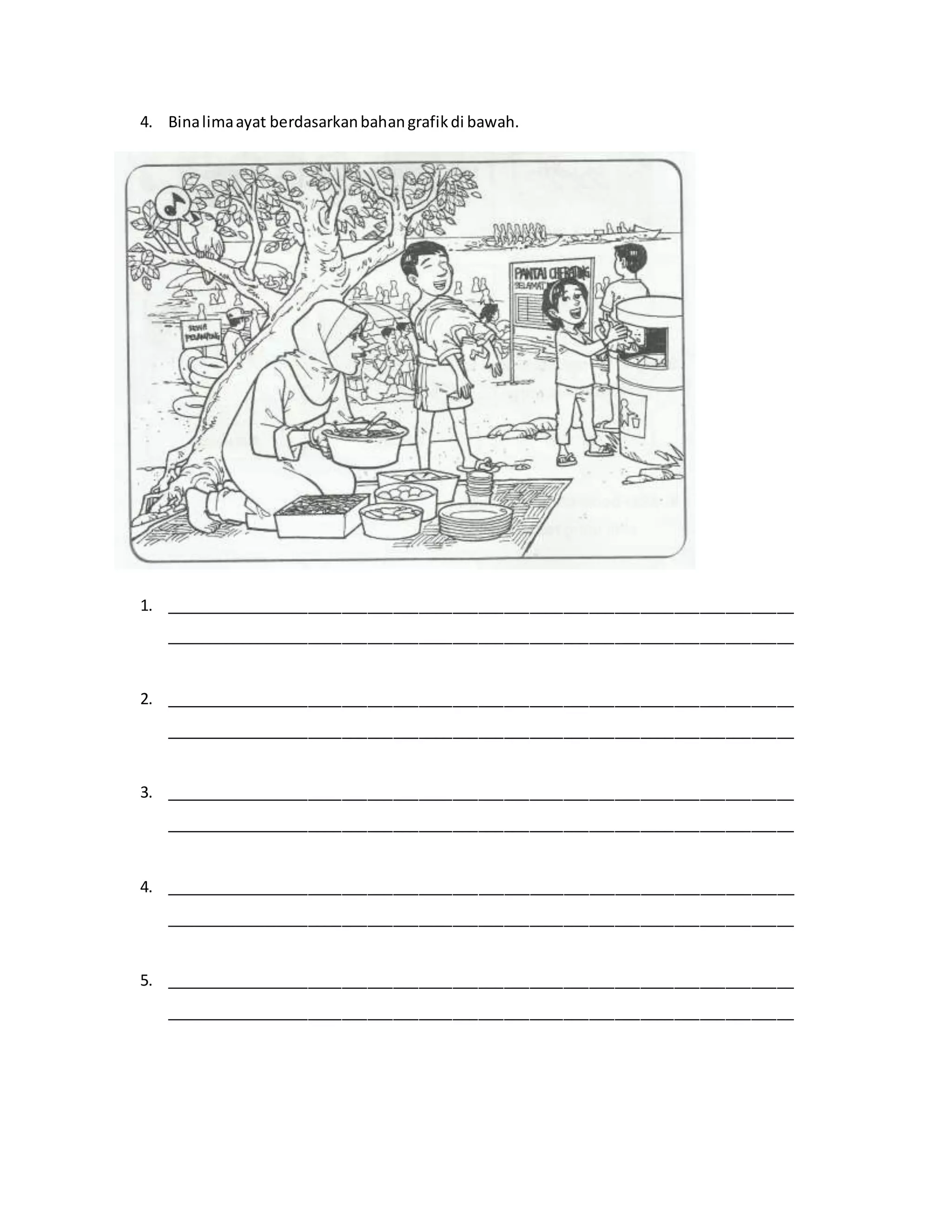 Bina lima ayat berdasarkan bahan grafik yang diberi. | DOCX