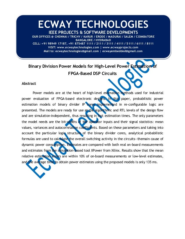 Binary Division Power Models For High Level Power Estimation Of Fpga Based Dsp Circuits 