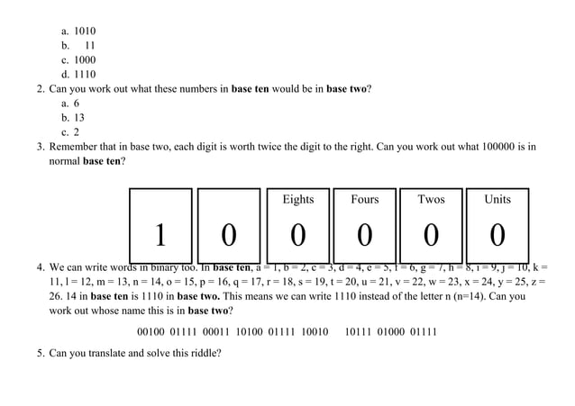 Binary sheet in detail with visuals to understand binary conversions. | DOCX