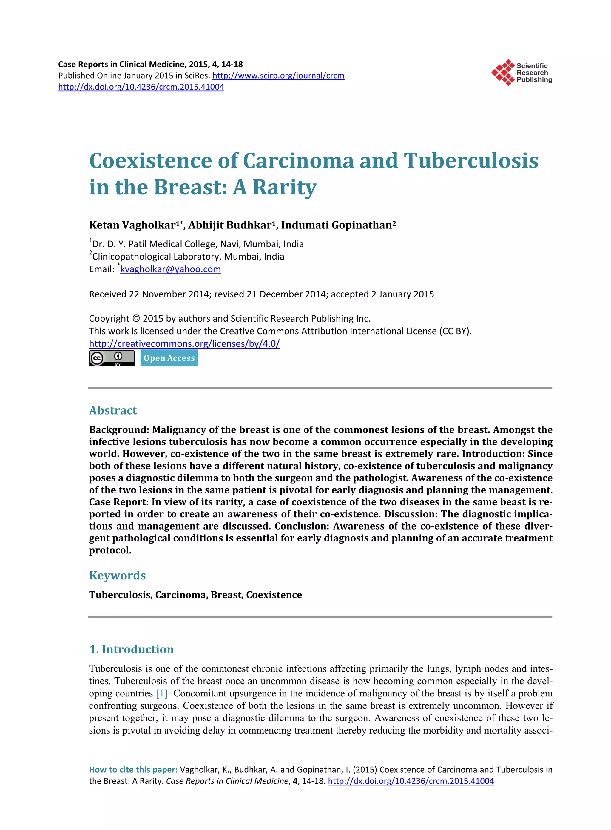 Coexistence of carcinoma and tuberculosis in the breast: A rarity. | PDF