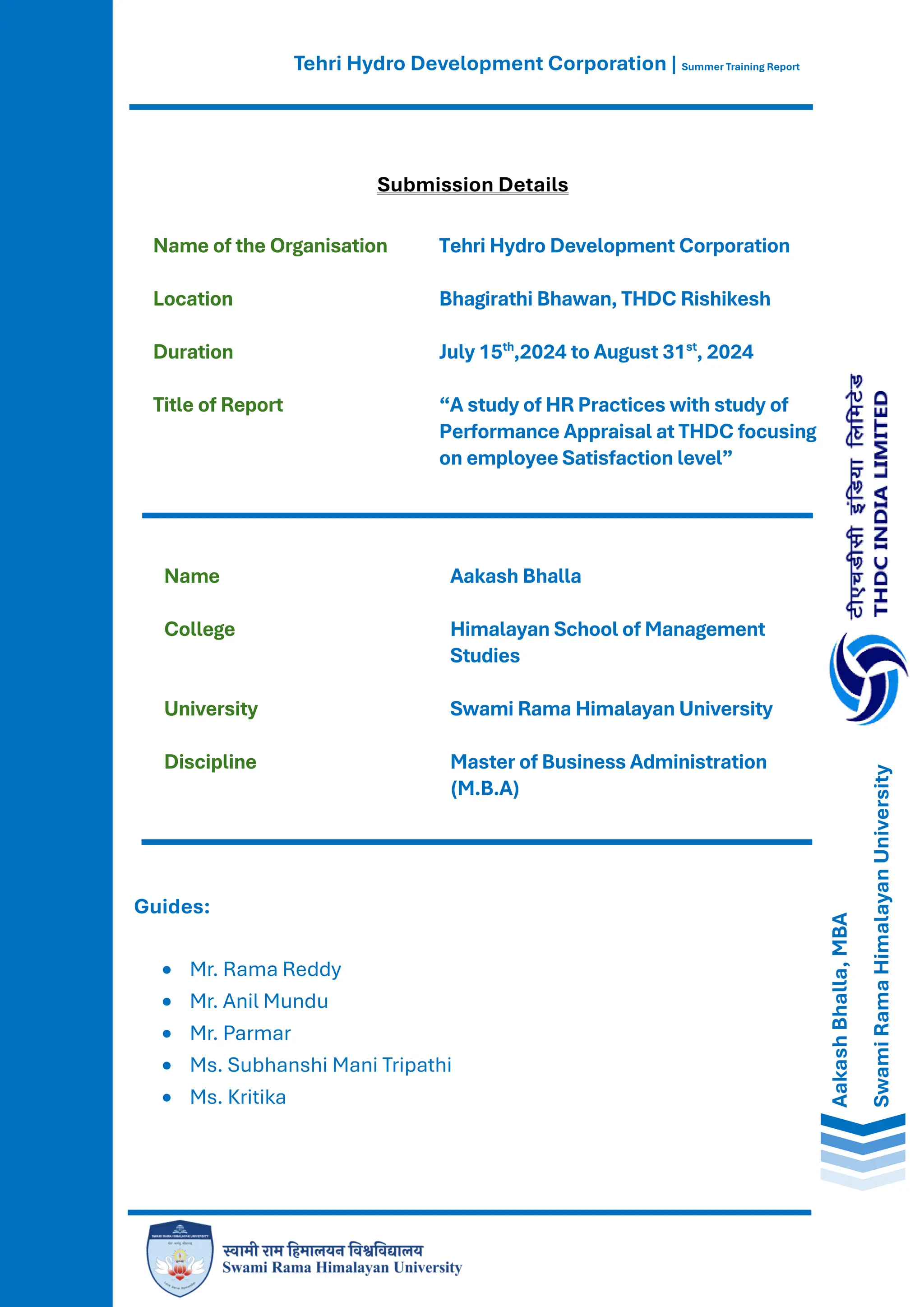 Performance Appraisal and HR Practices at THDC Summer Internship Report | PDF