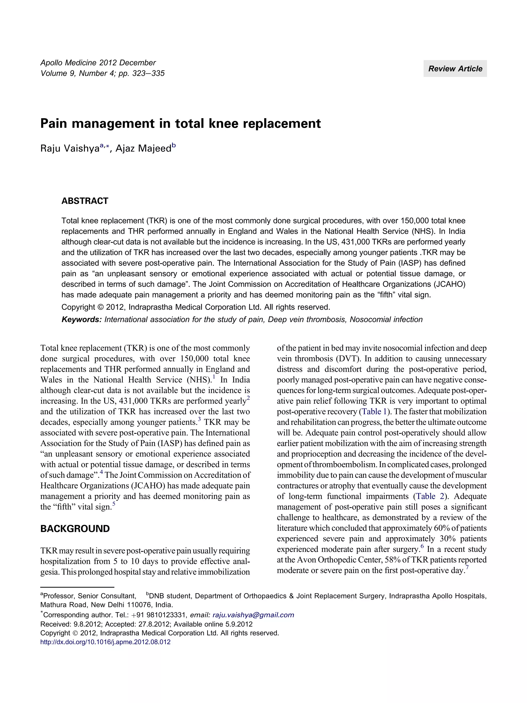 Pain management in total knee replacement | PDF