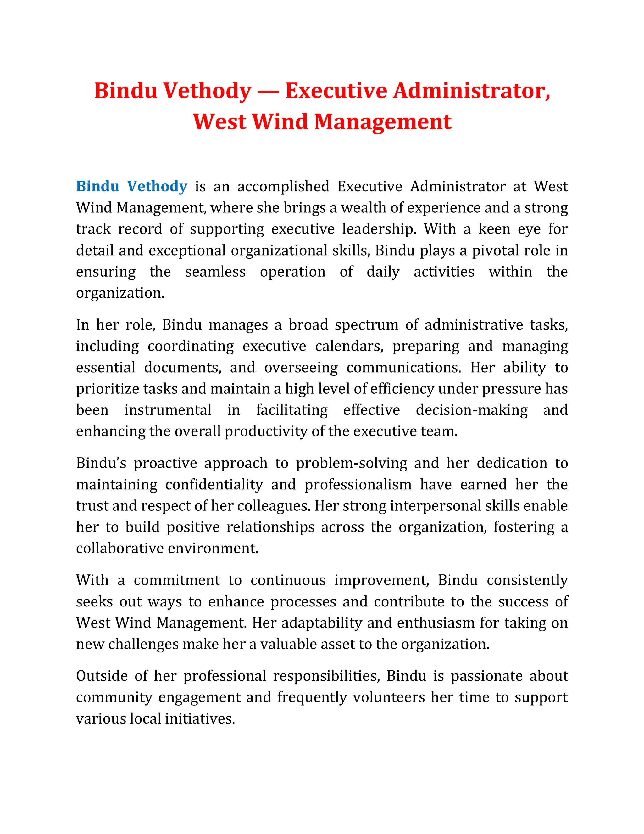 Bindu Vethody - Executive Administrator, West Wind Management | PDF