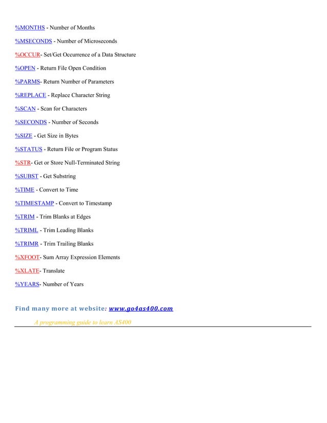 as400 built in function-list | DOCX | Programming Languages | Computing