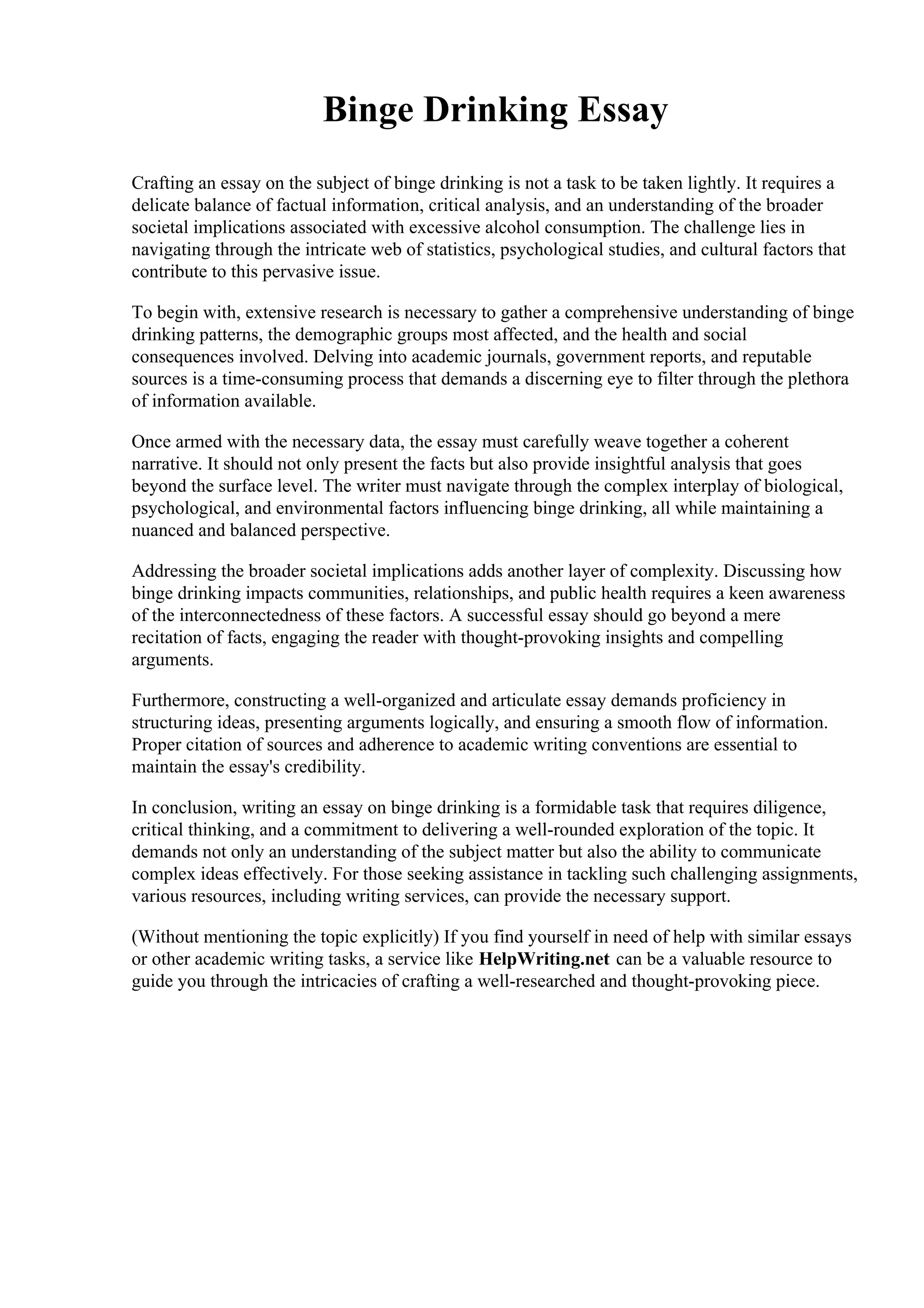 Binge Drinking Essay. Bristol Community College | PDF