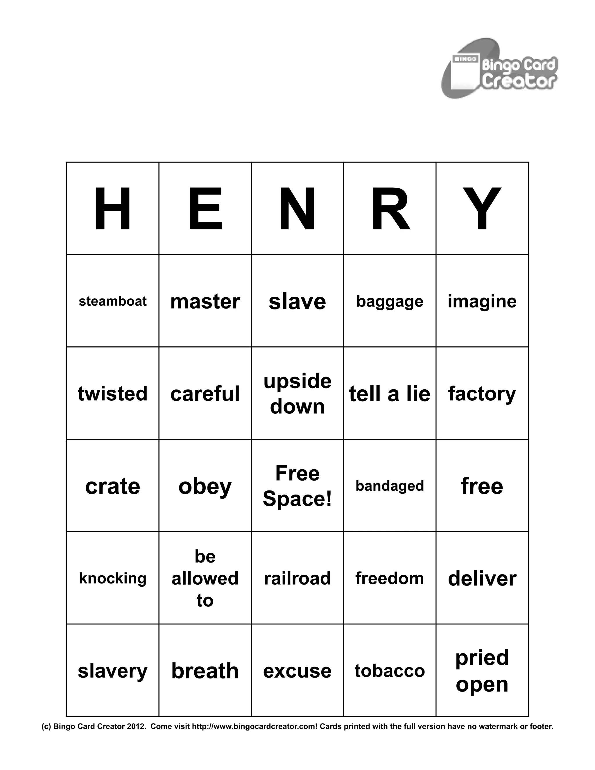 Bingo cards set 2 for Henry's Freedom Box | PDF