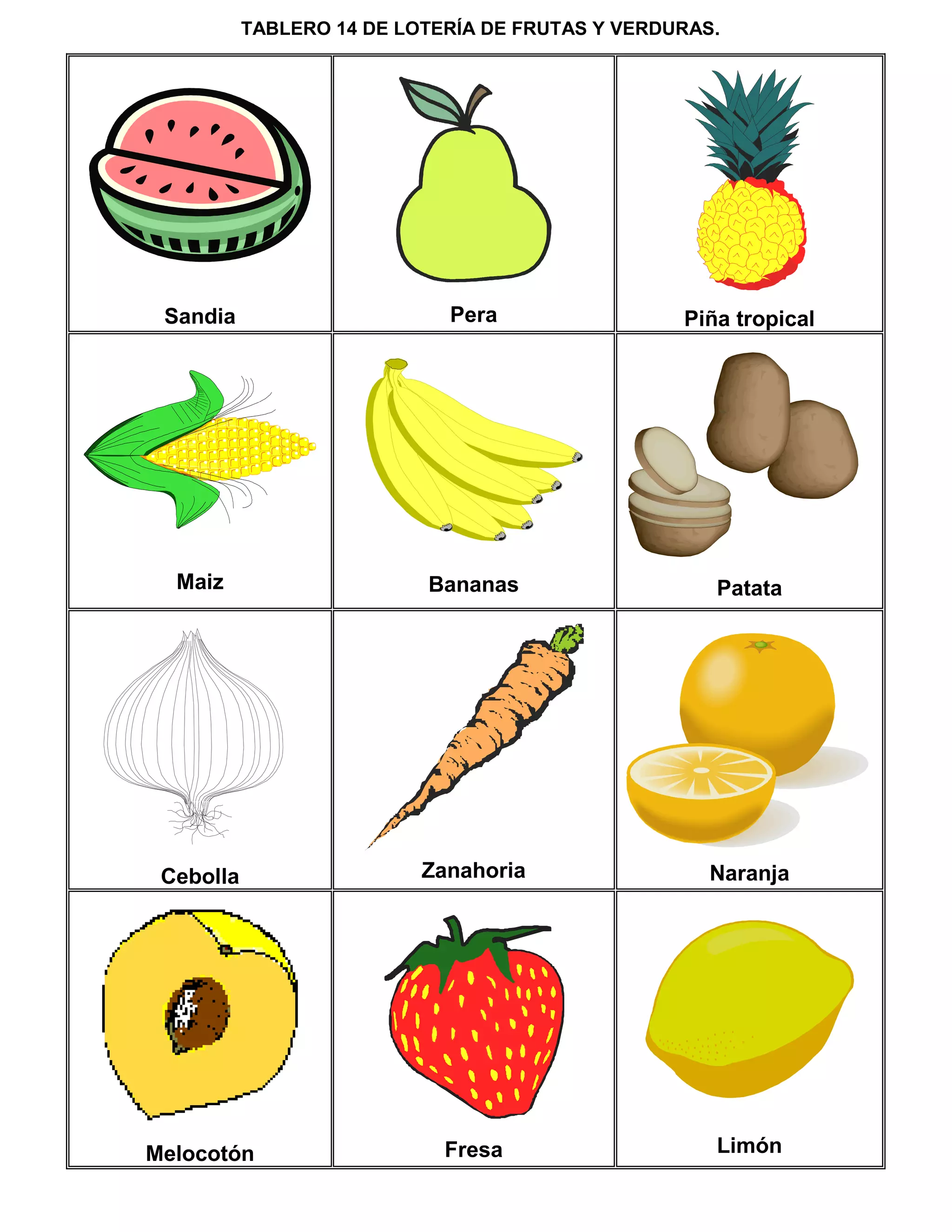 Bingo de frutas y verduras | PDF