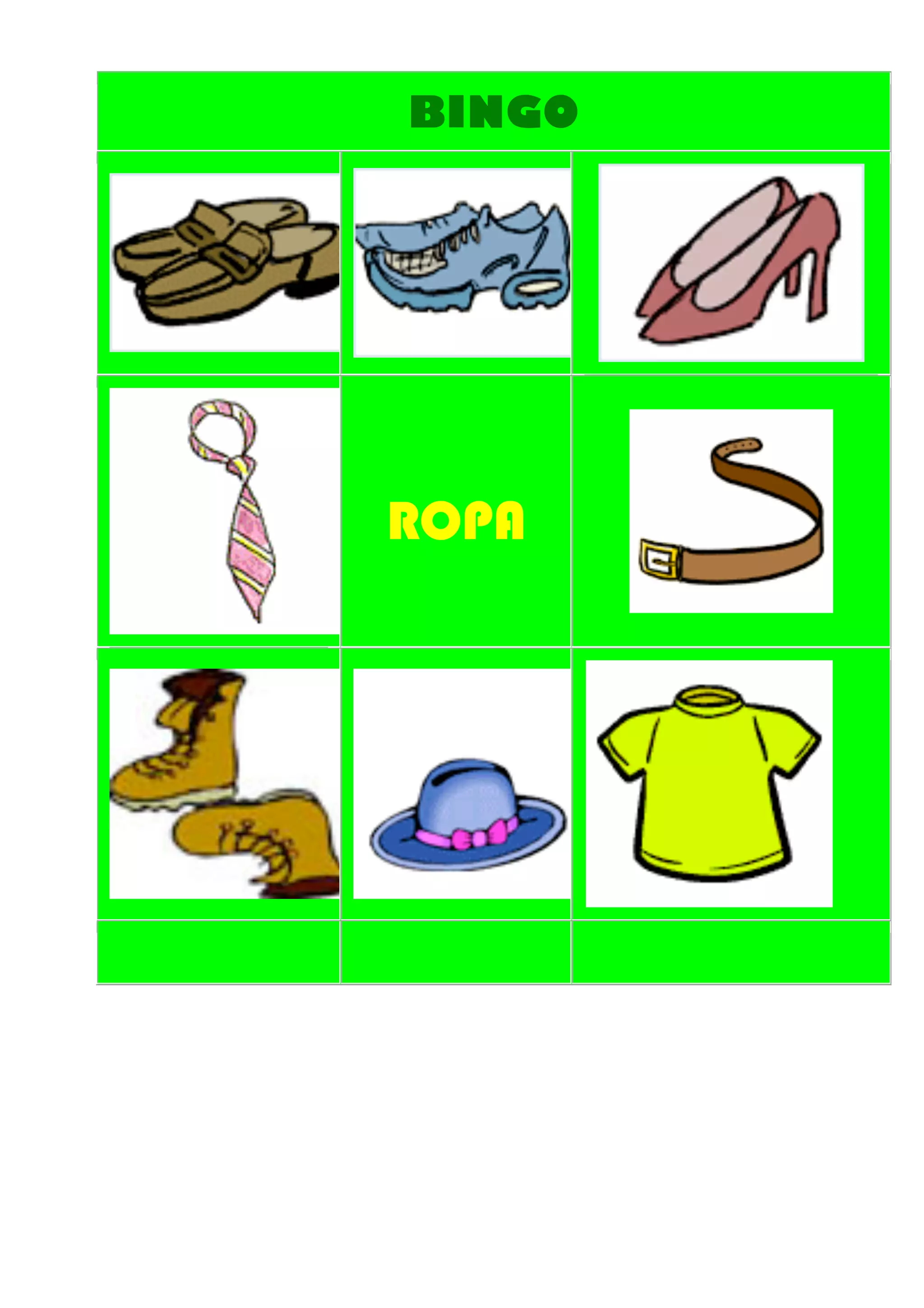 Bingo de ropa y accesorios | PDF