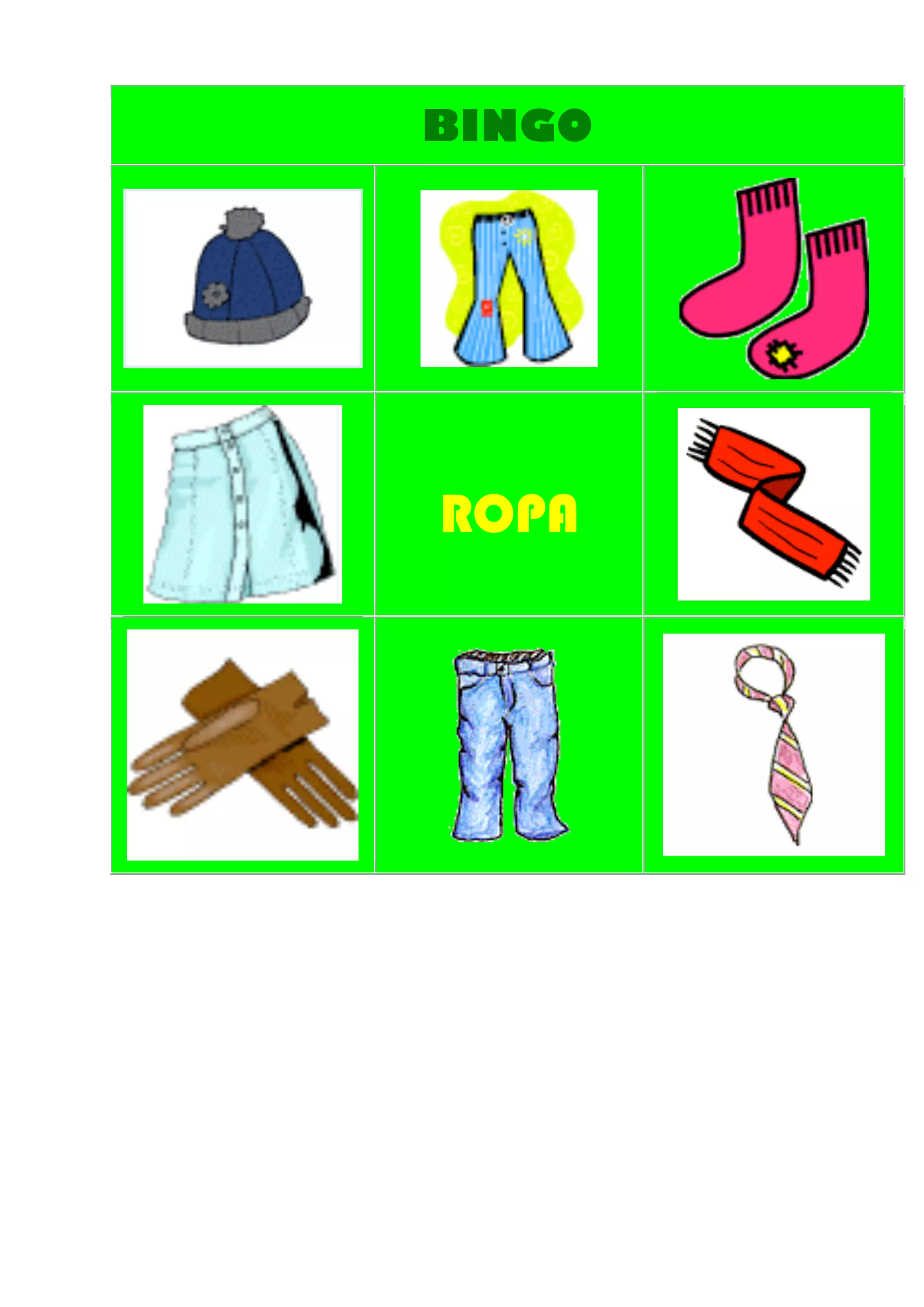Bingo de ropa y accesorios | PDF