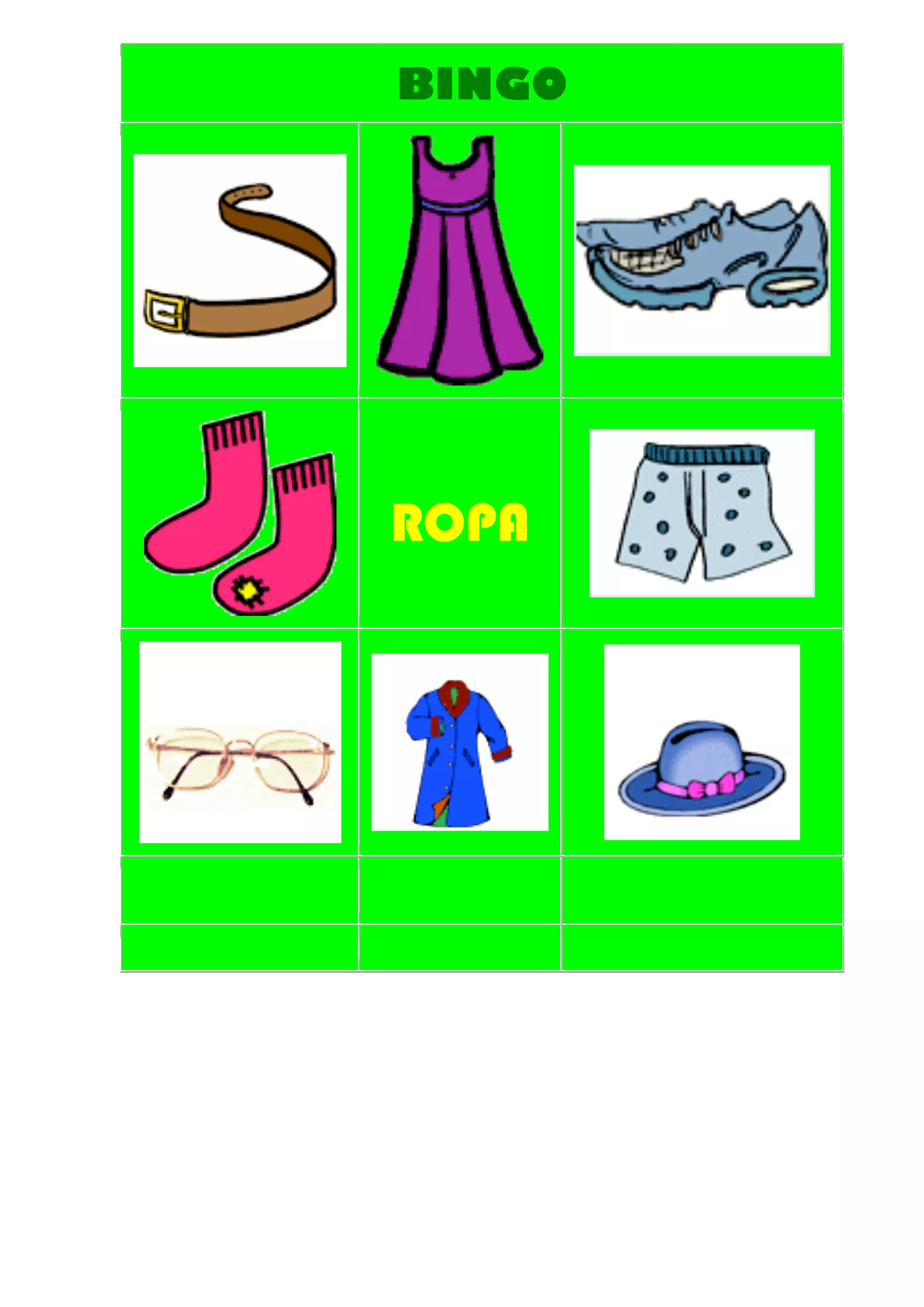 Bingo de ropa y accesorios | PDF
