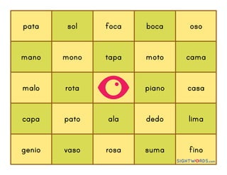 BINGO-LECTURA-DE-PALABRAS. Para estudiantes | PDF