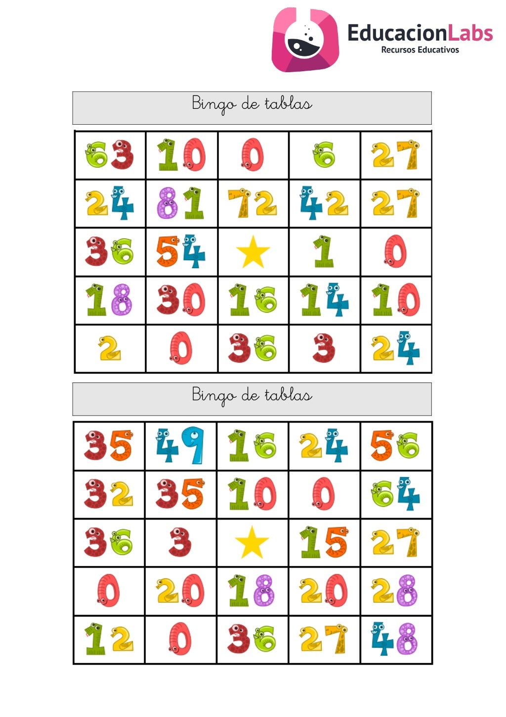 Bingo de tablas cartones