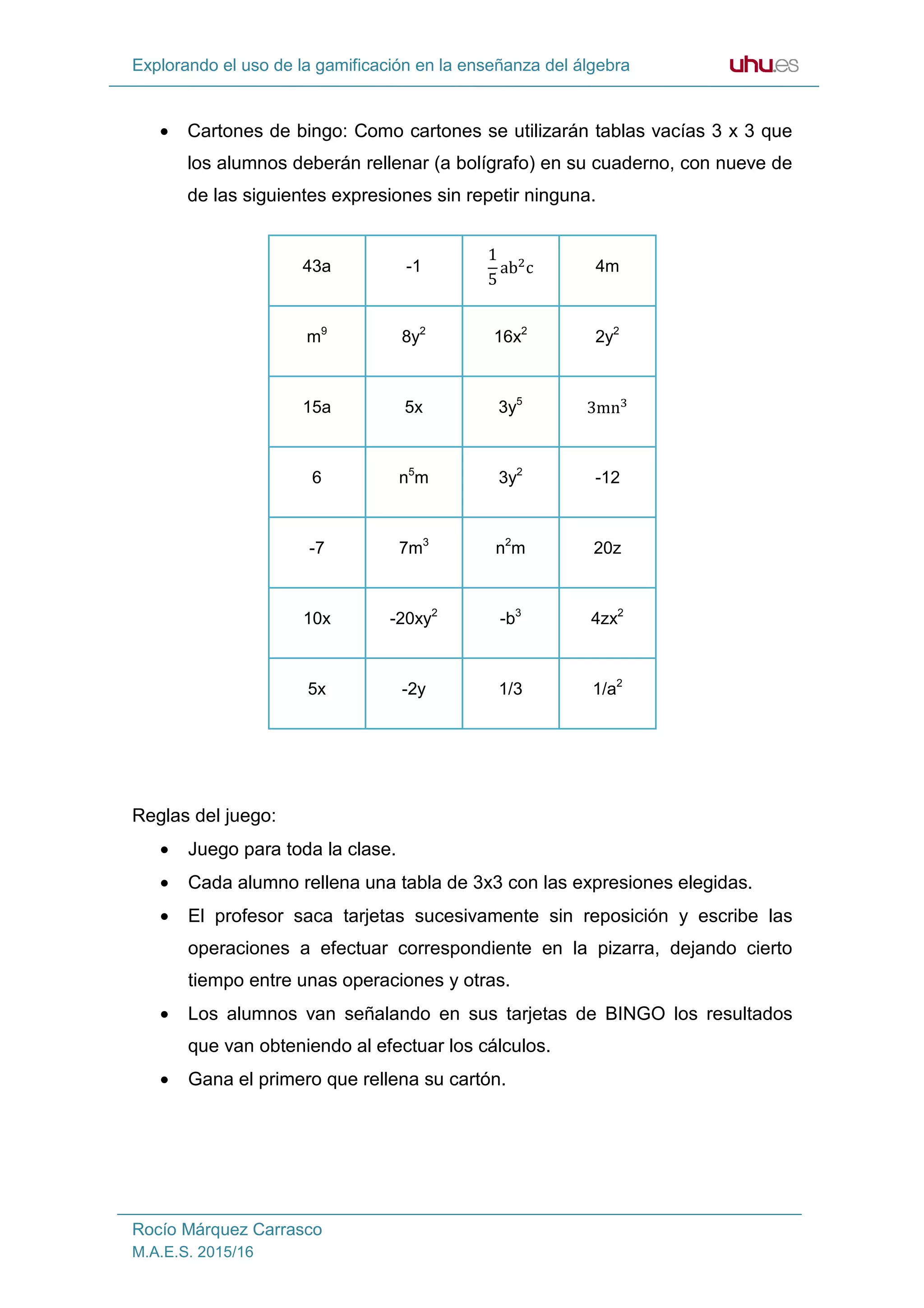 Bingo monomios | PDF