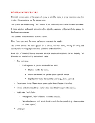 BINOMIAL NOMENCLATURE OF ORGANISMS- BASIC RULES | PDF