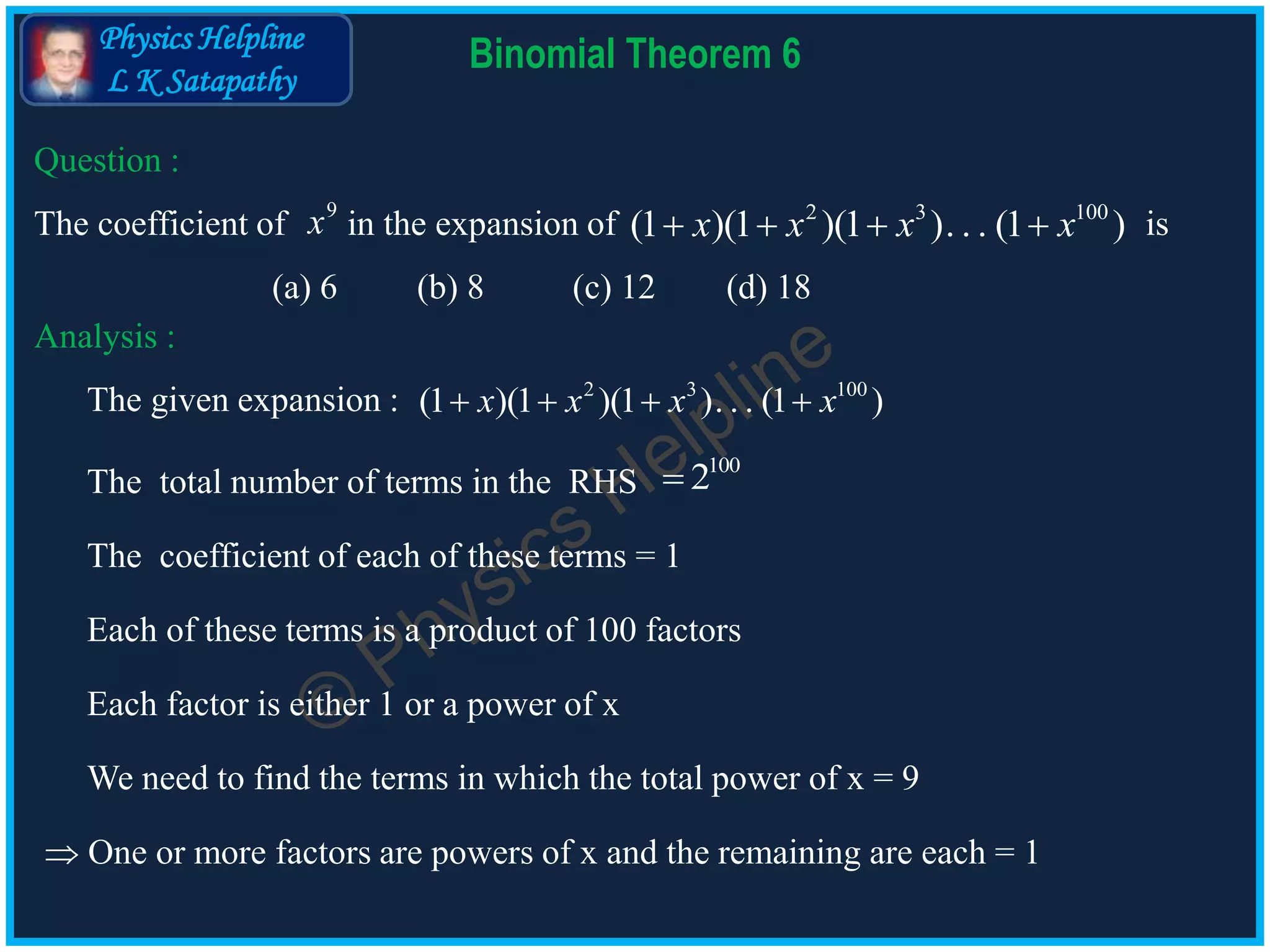 Binomial Theorem 6/Coeff of a power of x | PPT