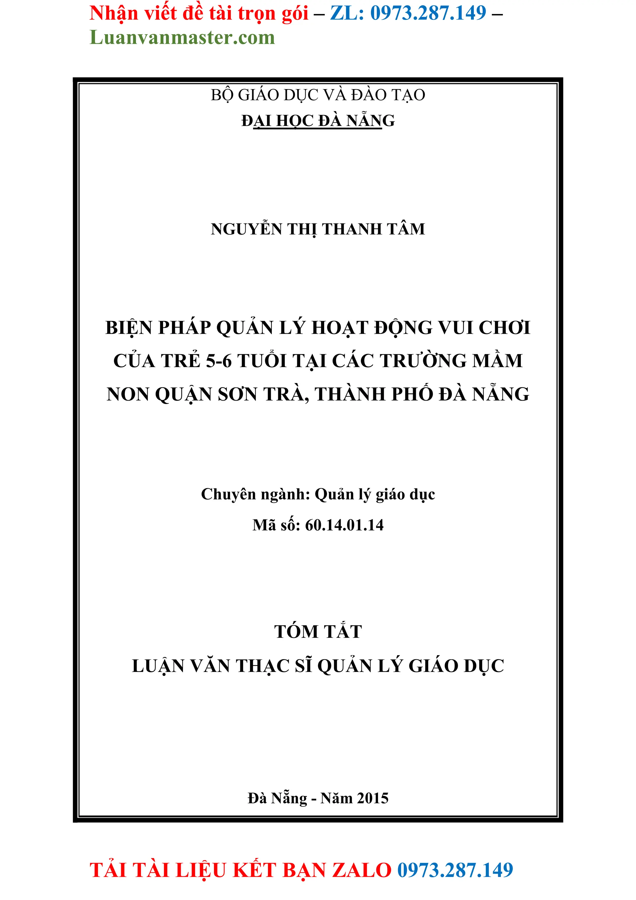 Biện Pháp Quản Lý Hoạt Động Vui Chơi Của Trẻ 5-6 Tuổi Tại Các Trường Mầm Non Quận Sơn Trà, Thành ...
