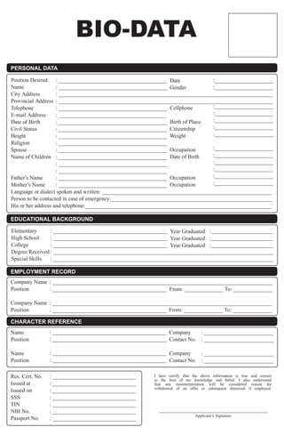 Philippines Free Downloadable And Printable Simple Biodata