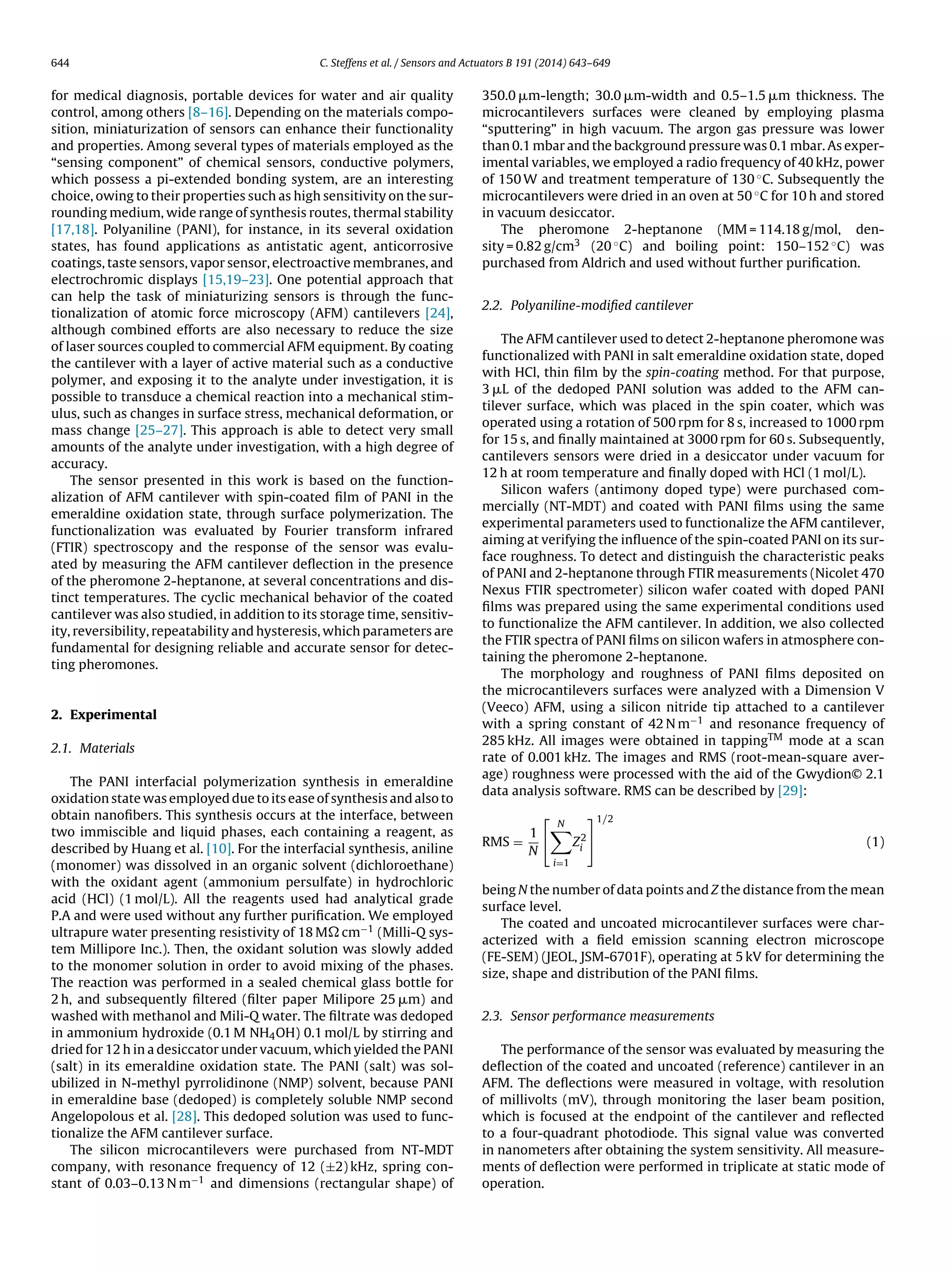 Bio inspired sensor for insect pheromone analysis based on polyaniline ...