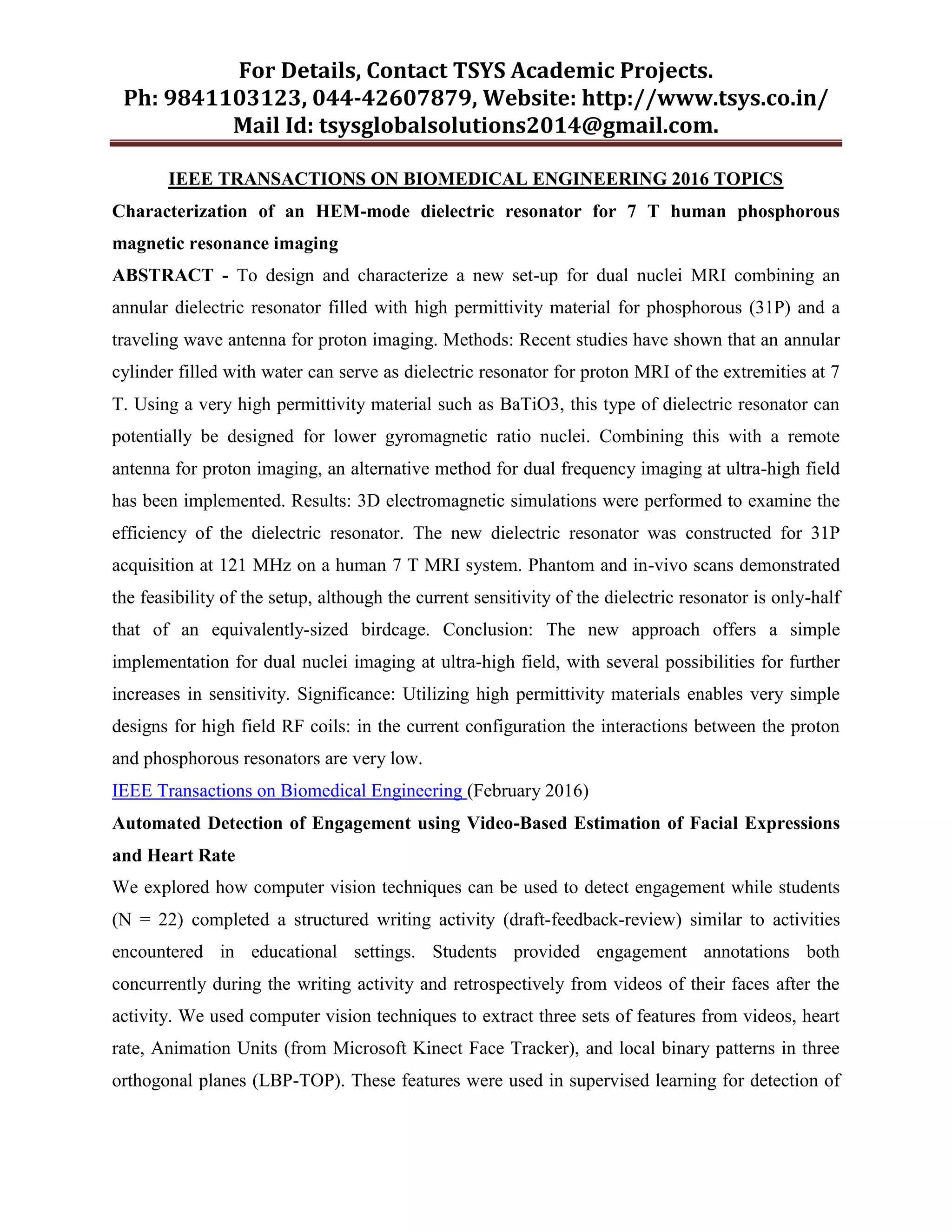 IEEE Bio medical engineering 2016 Title and Abstract | PDF