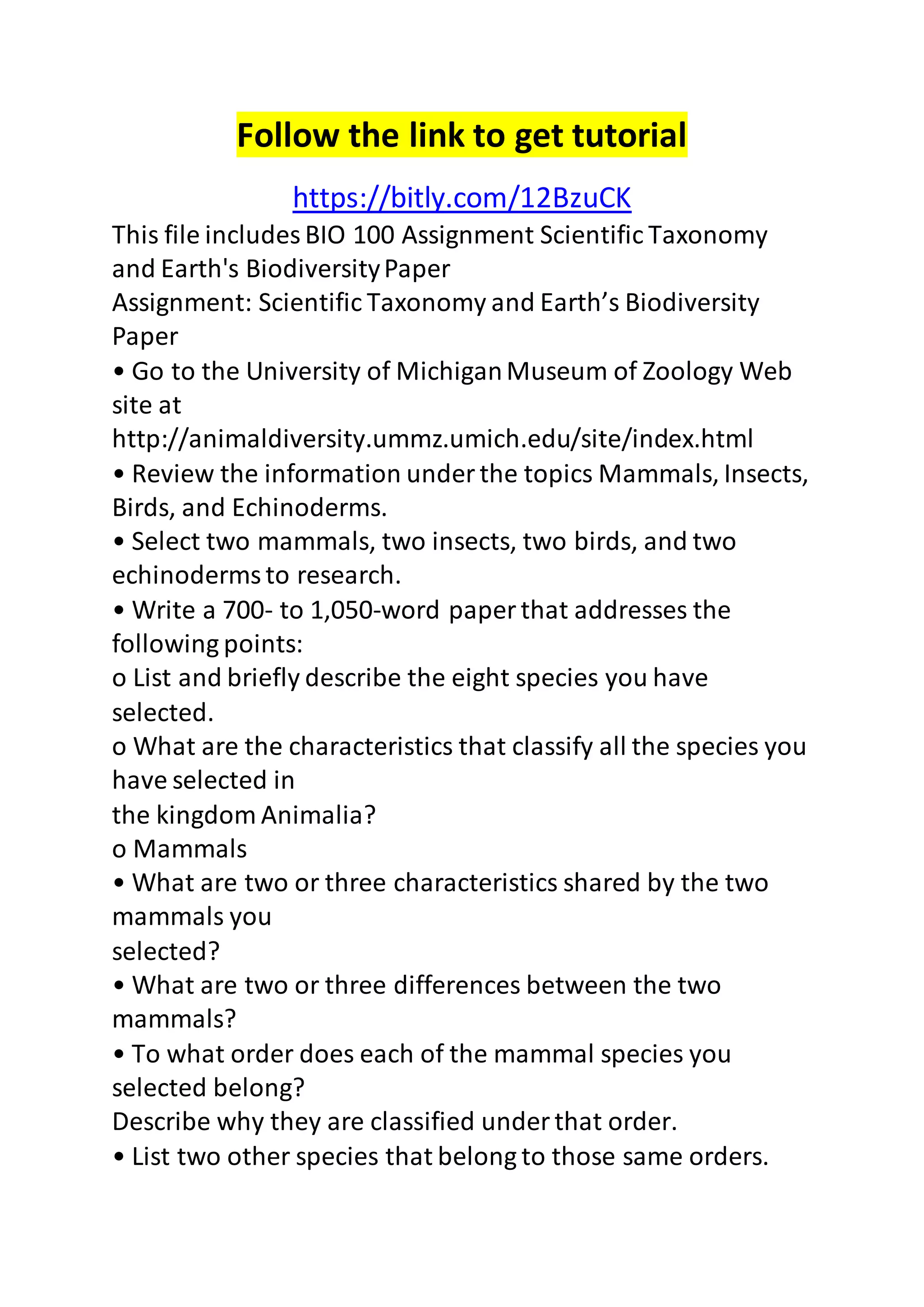 Bio 100 assignment scientific taxonomy and earth's biodiversity paper | PDF