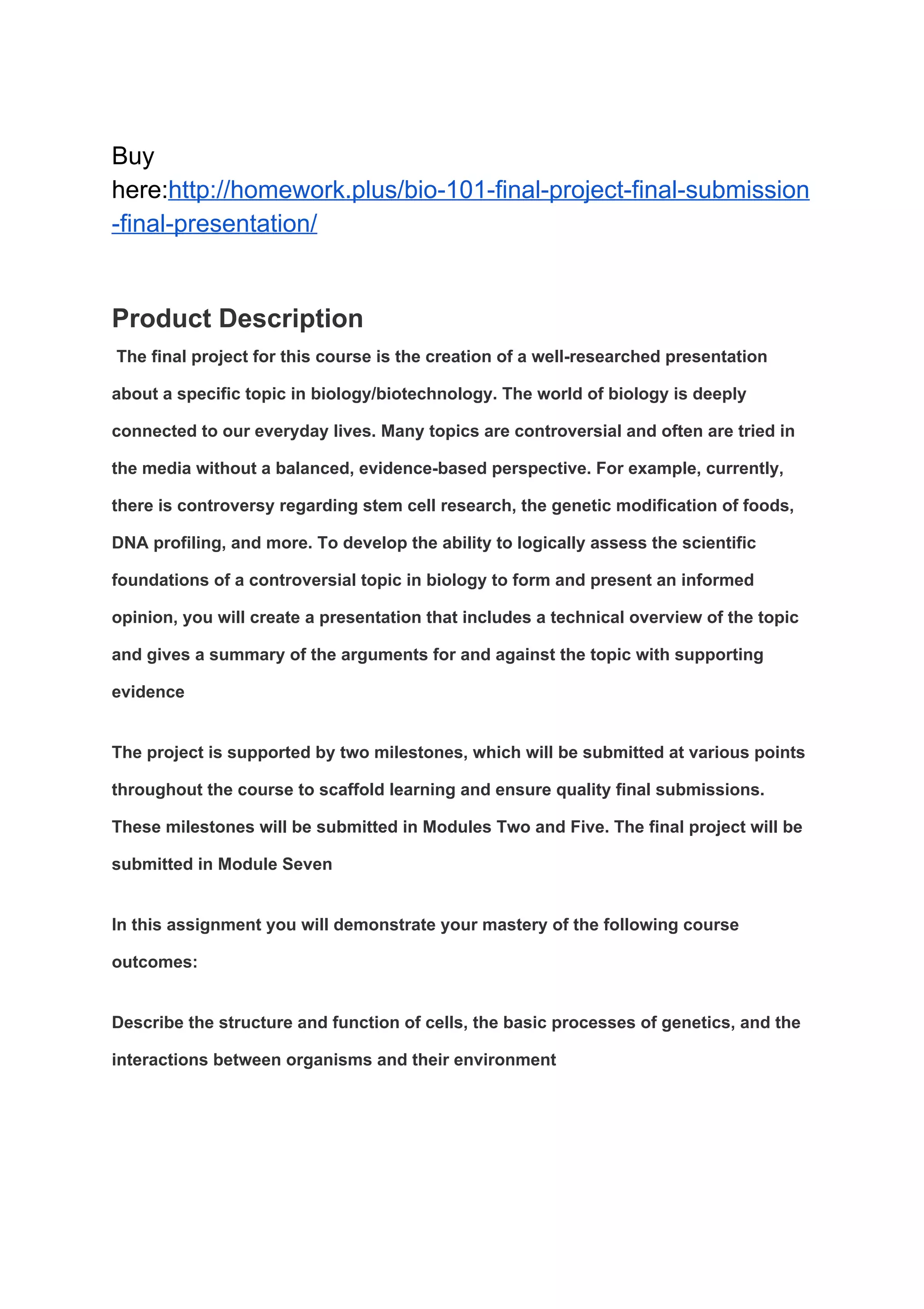 BIO 101 Final Project Final Submission Final Presentation | PDF