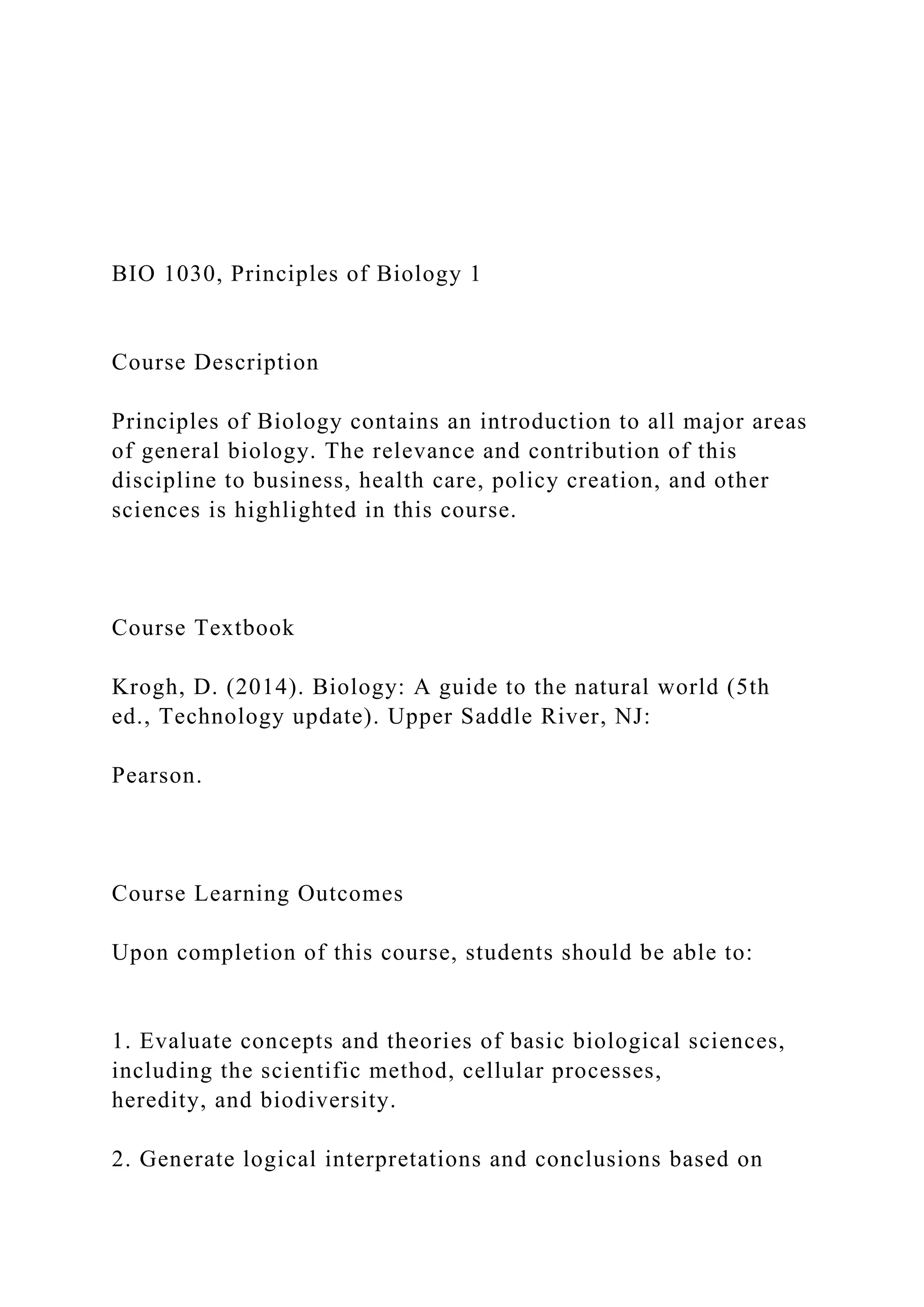 BIO 1030, Principles of Biology 1 Course Description .docx