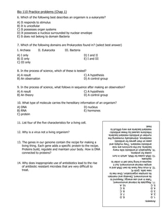 Bio110 practice problems chap1 | PDF | Biological Sciences | Science
