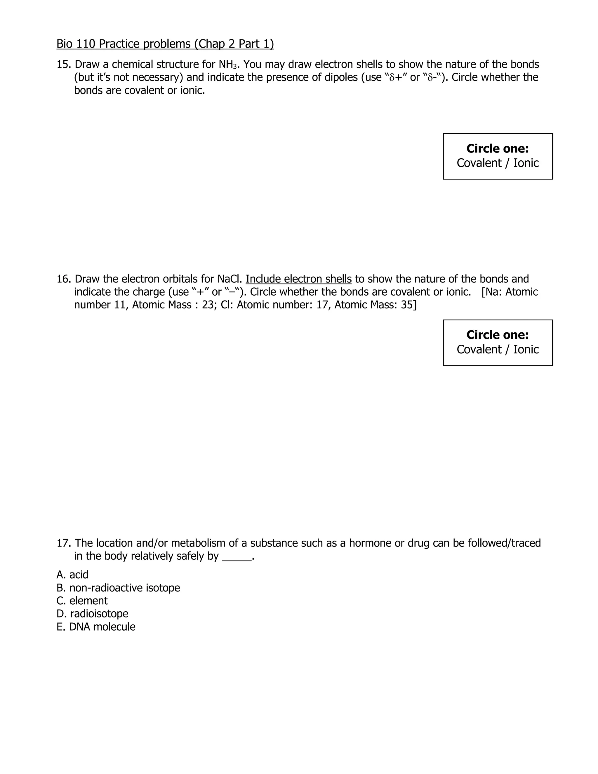 Bio110 practice problems chap2 part1 | PDF